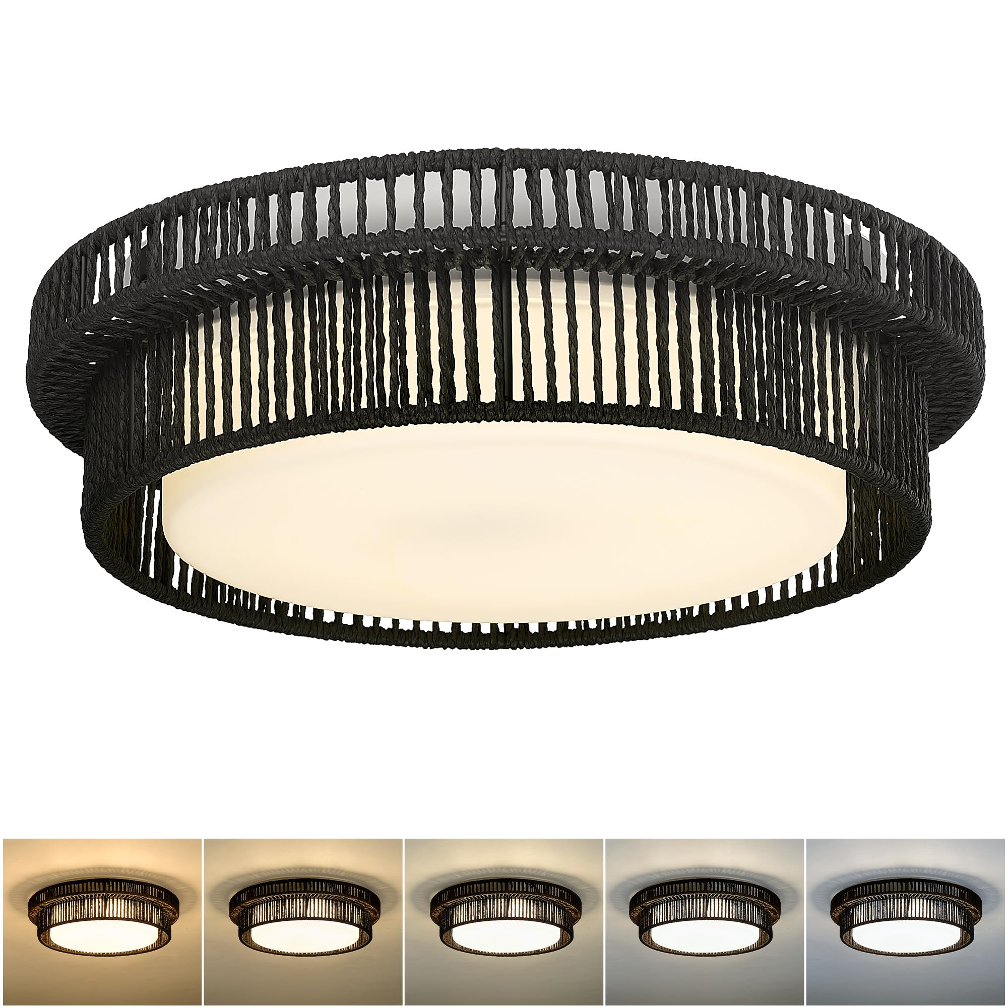 Black Rattan Ceiling Light, HWH 16W LED Woven Flush Mount Ceiling Light ...