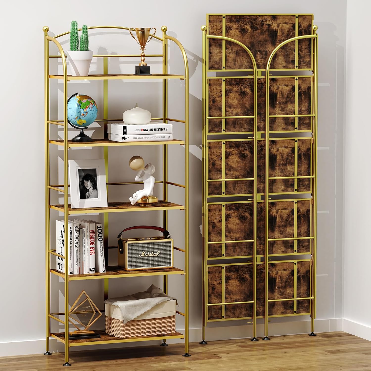 Amazon.com: FRAPOW Folding Bookshelf No Assembly, 5 Tier Shelf Gold ...