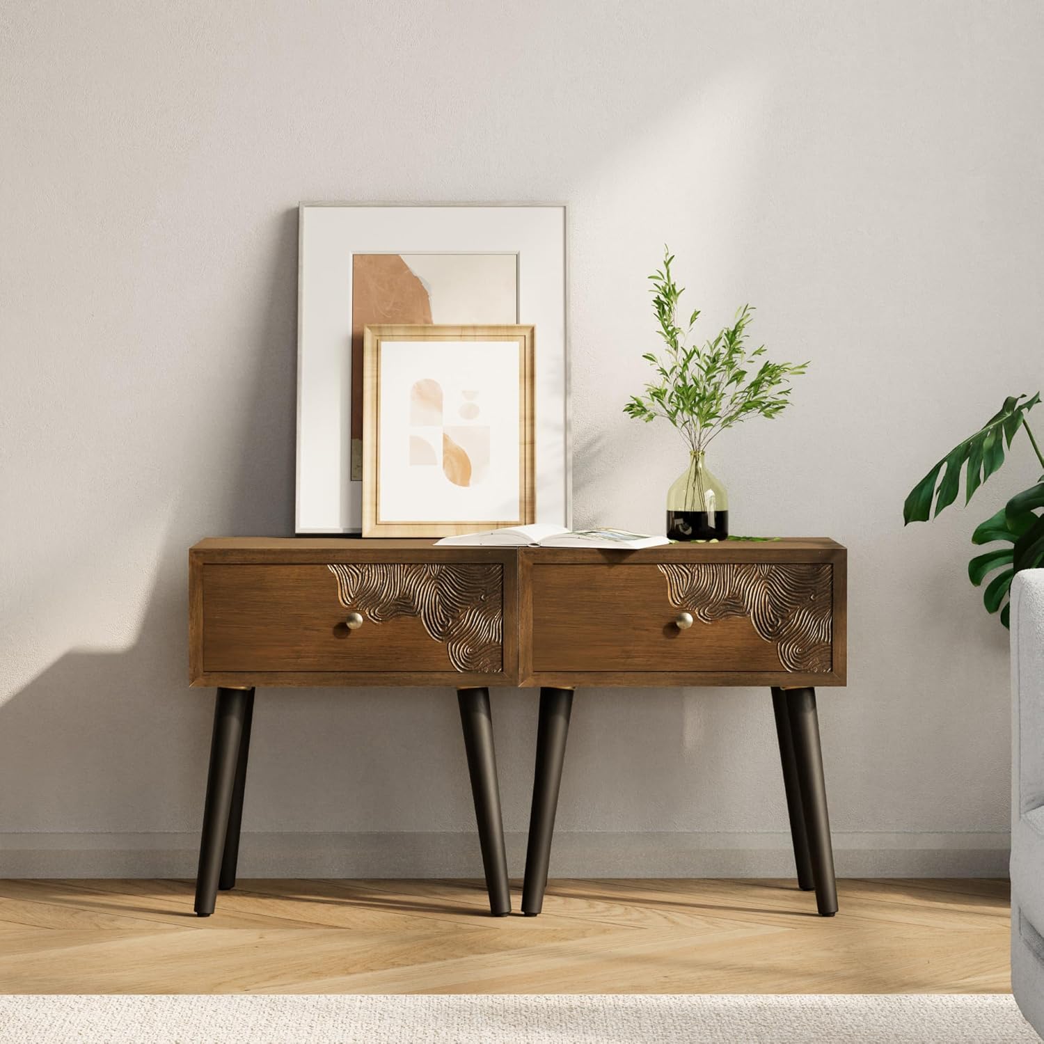 HOMPUS End Table w Pattern, Nightstand w 2 Storage Drawers, Small Night ...