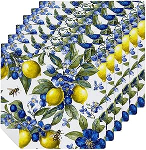 Amazon.com: Lemons Blue Flowers with Bees Cloth Napkins Set of 6 ...