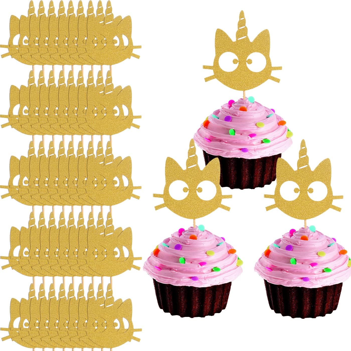Amazon.com: 48Pcs Gold Cat Cupcake Topper - Gold Glitter Cute Cats Face ...