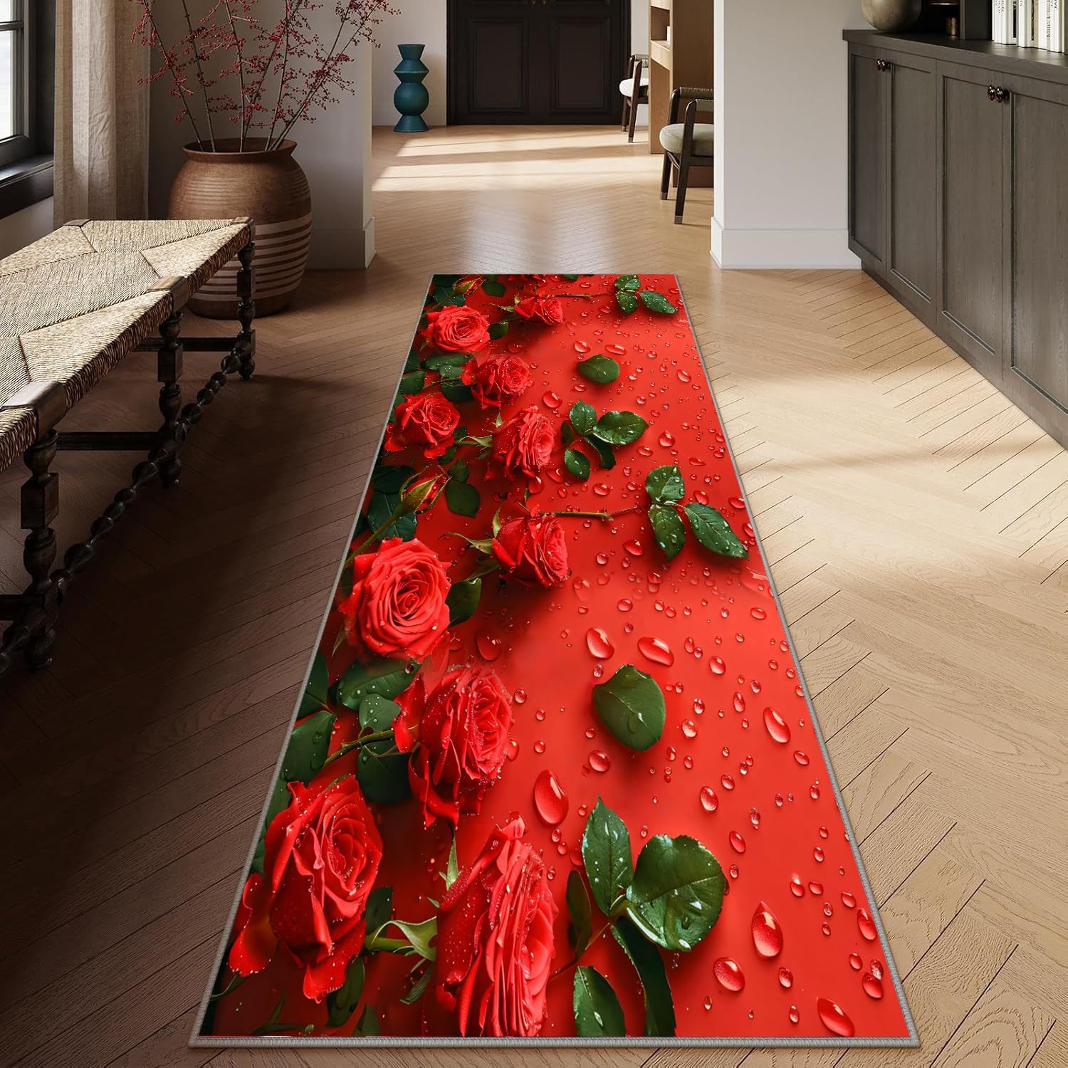 Amazon.de: Siunwdiy Roter 3D-Teppich mit Rosen korridor-Muster ...