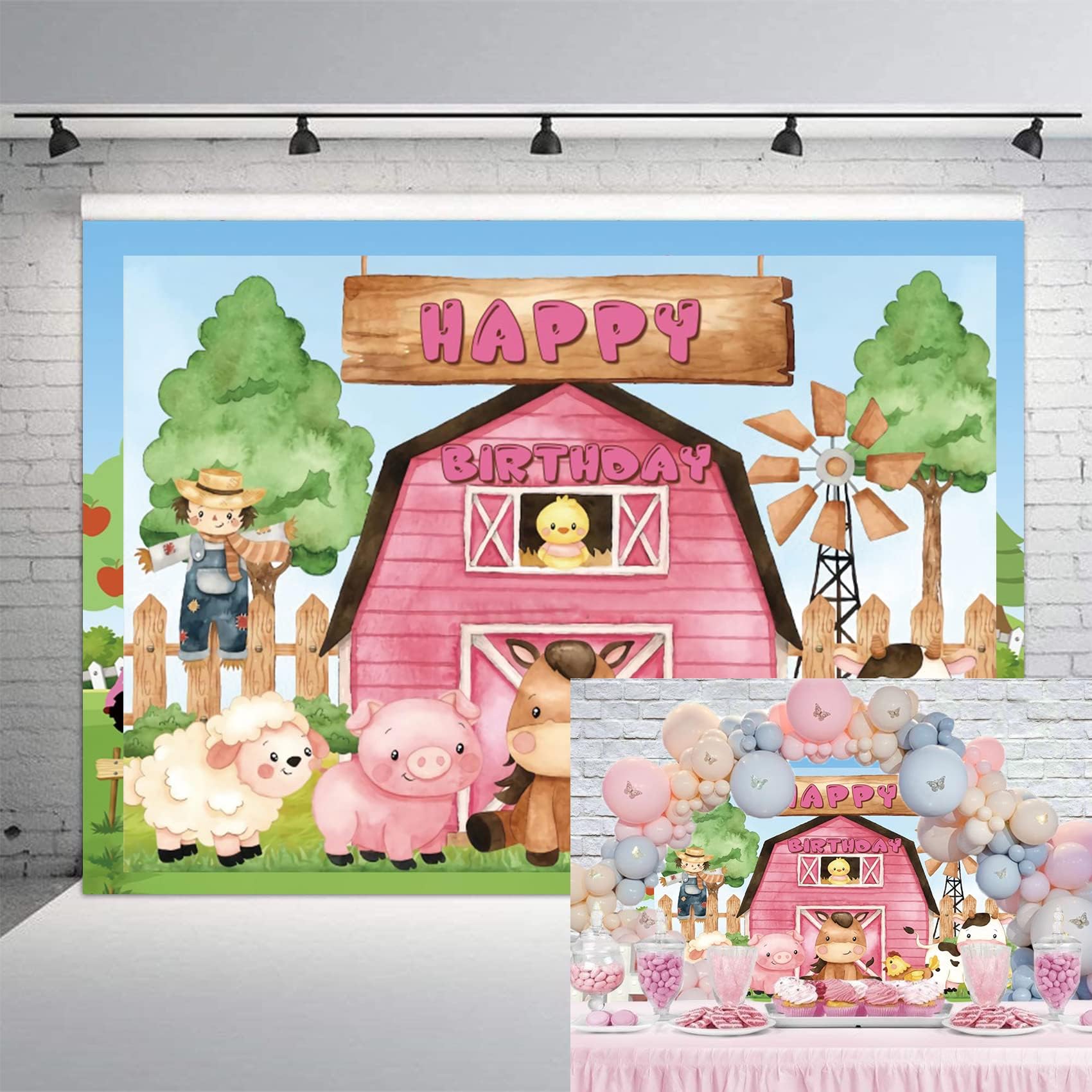 Amazon.com : 7x5ft Farm Animal Birthday Party Backdrop,Cartoon Pink ...