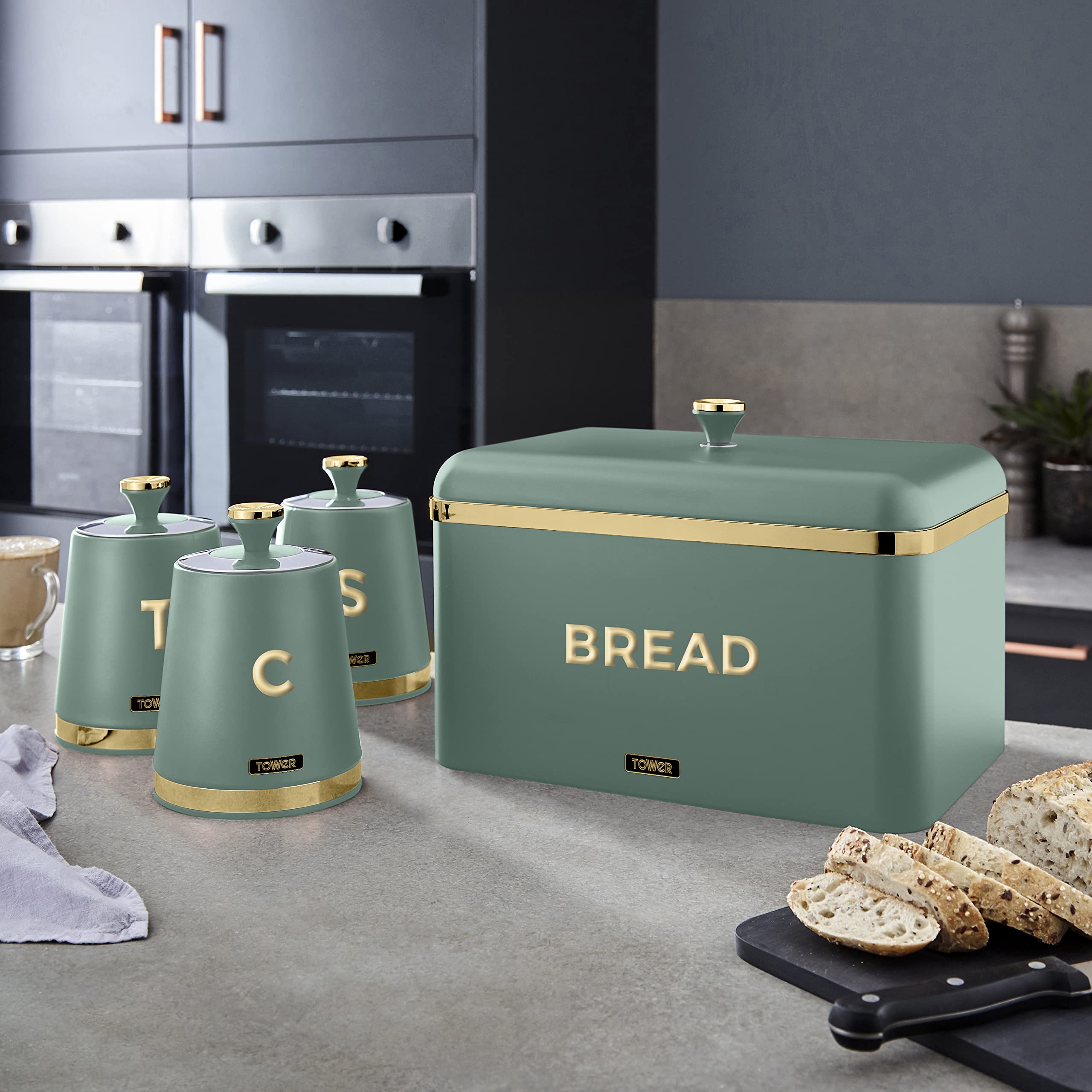 Tower Cavaletto Kitchen Storage Set with Bread Bin & Tea, Coffee & Sugar Canisters in Jade with ...
