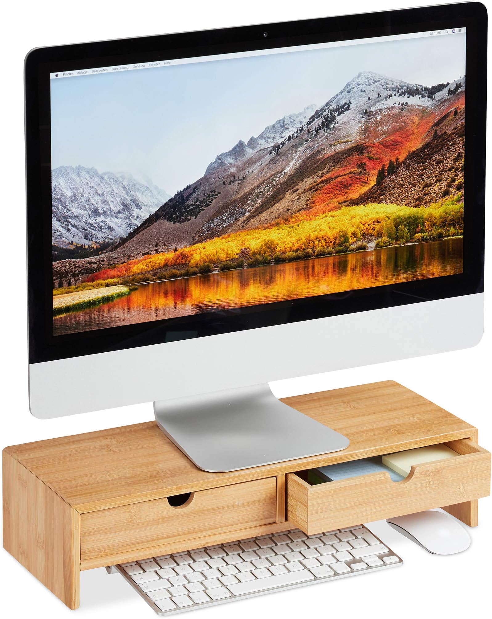 relaxdays Bamboo PC Monitor Stand, Screen Riser with 2 Drawers ...