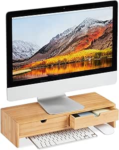 Relaxdays monitor stand bamboo, Computer rise, 2 drawers, space for ...
