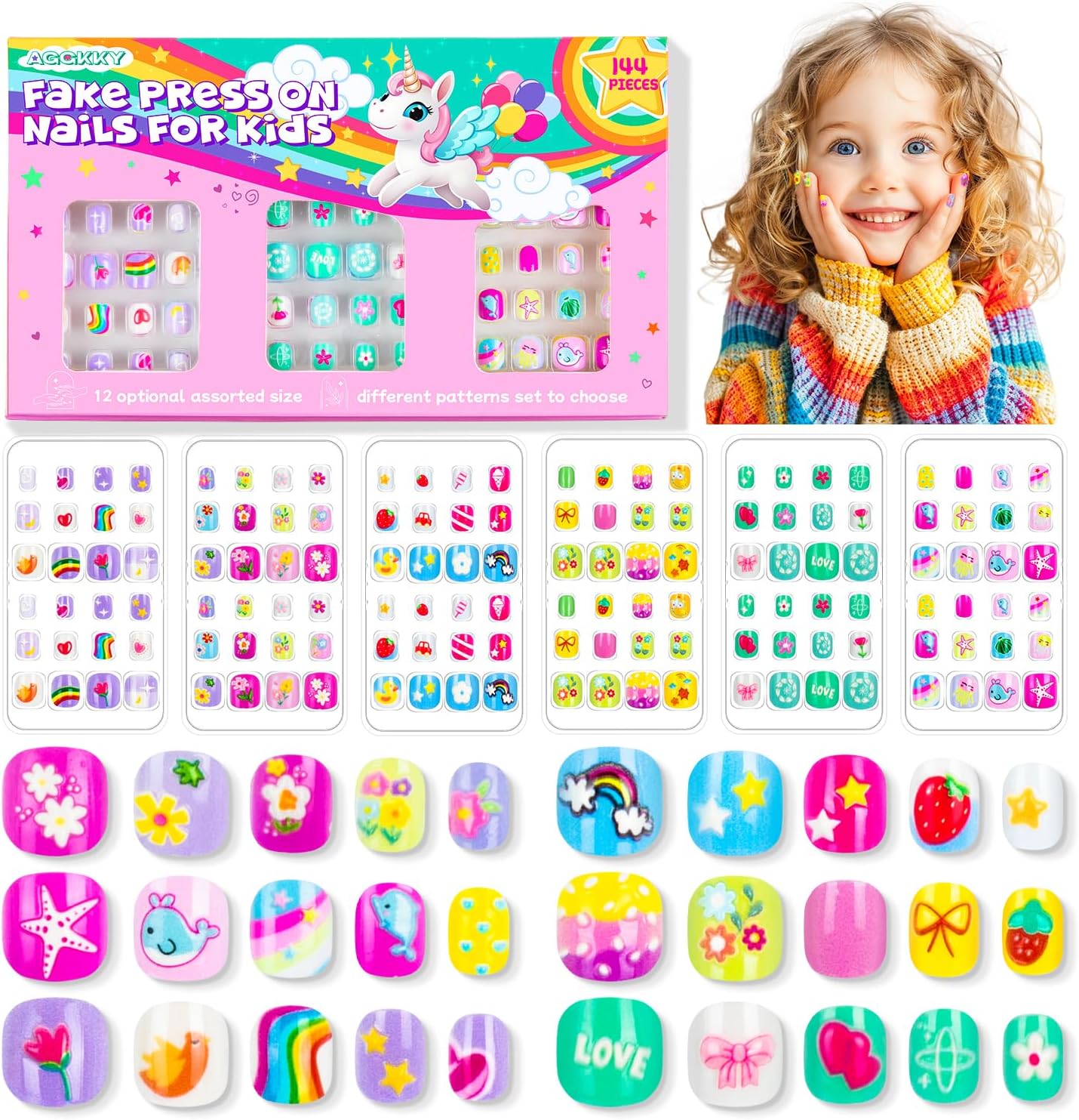Amazon.com: 144 Pieces 6 Pack Kids Press on Nails Artificial Fake Nails ...
