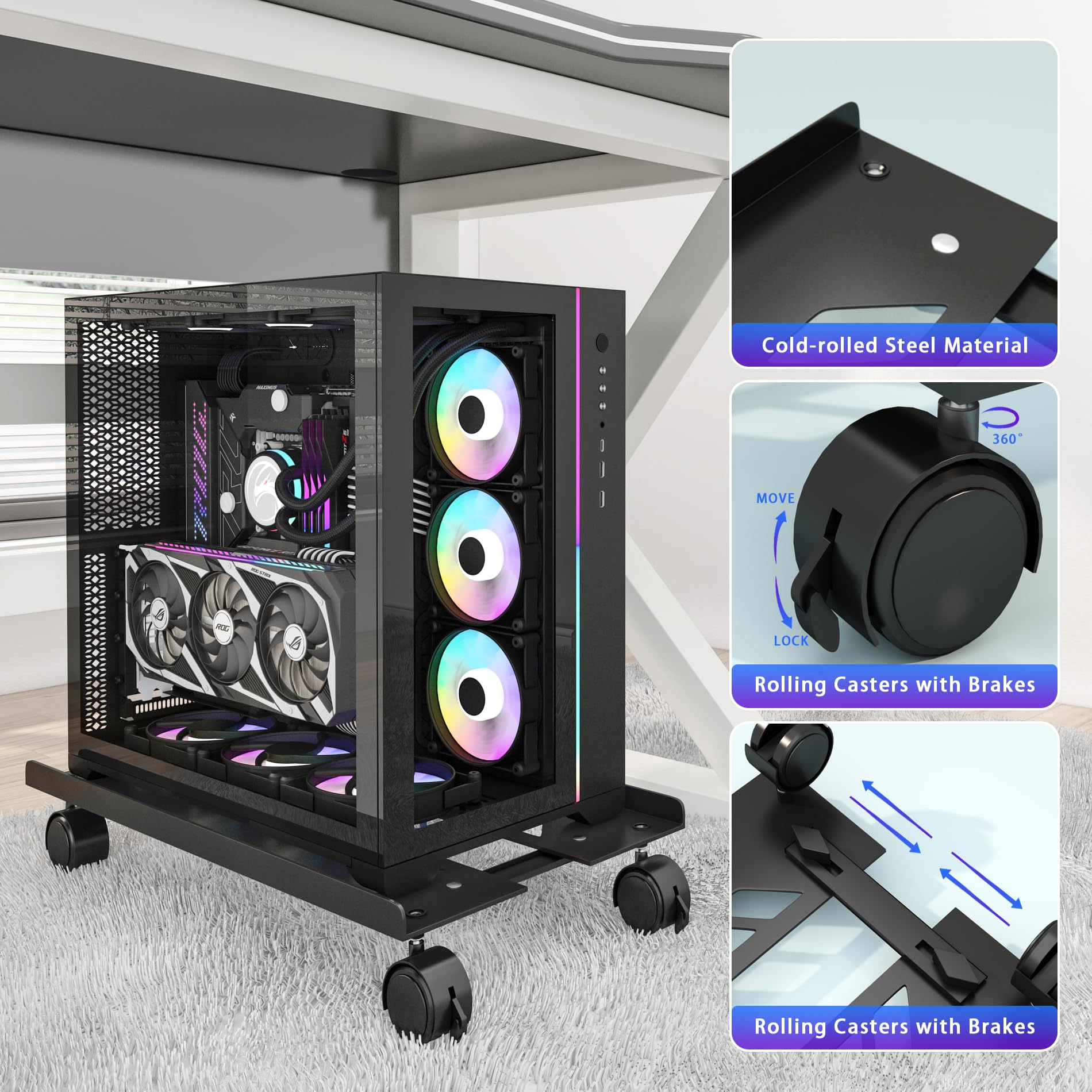 Steel Computer Tower Stand, CPU Stand Adjustable Mobile Cart Holder ...