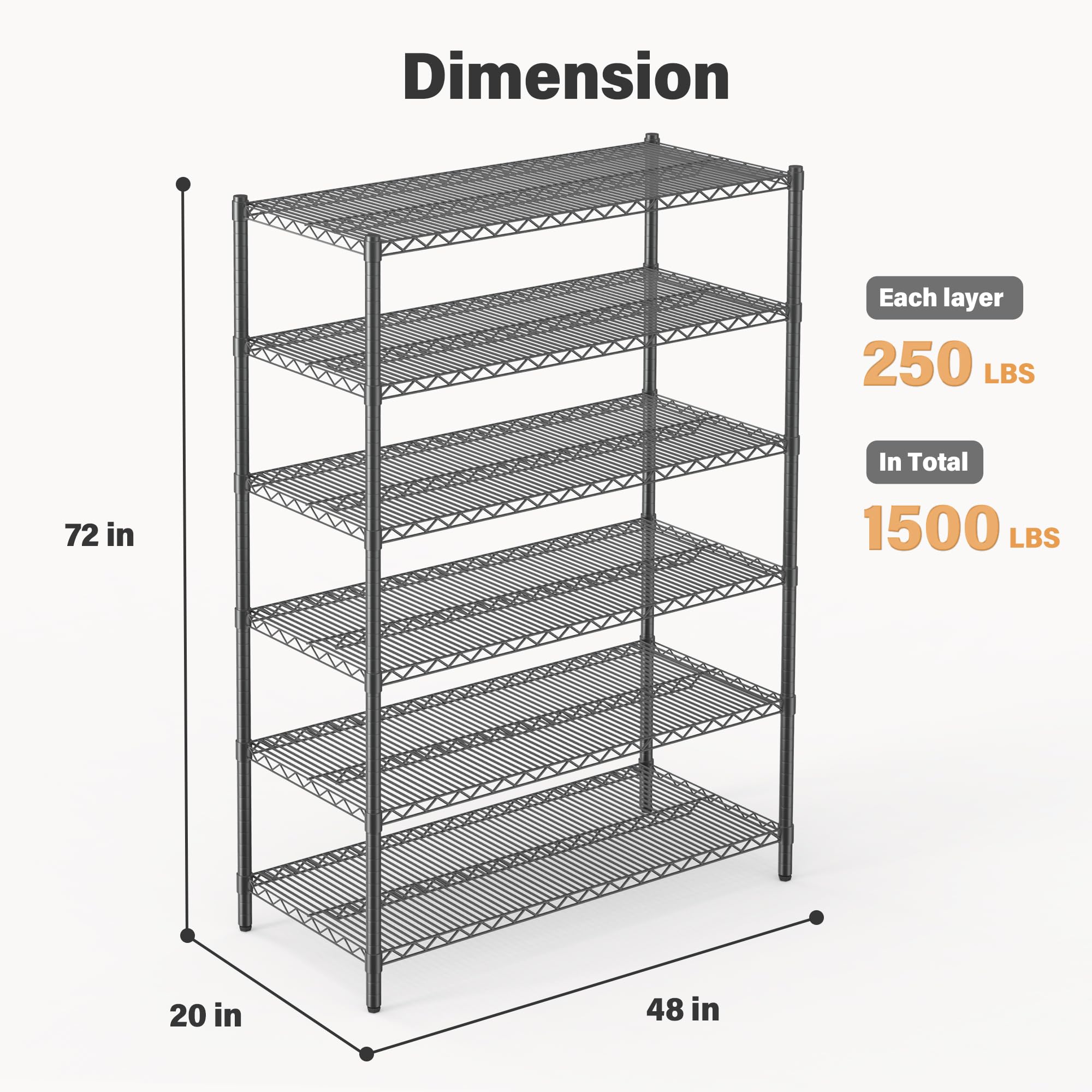 AHEONLAR 6 Tier Grey Storage Racks and Shelving - 48“ L×20” W×72“ H ...