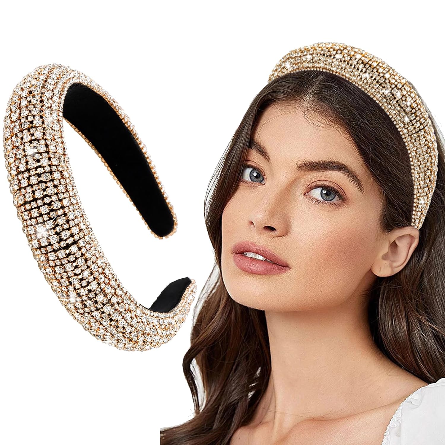 Amazon.com : Wecoe 1pc Rhinestone Headband Women Girls Thick Padded ...