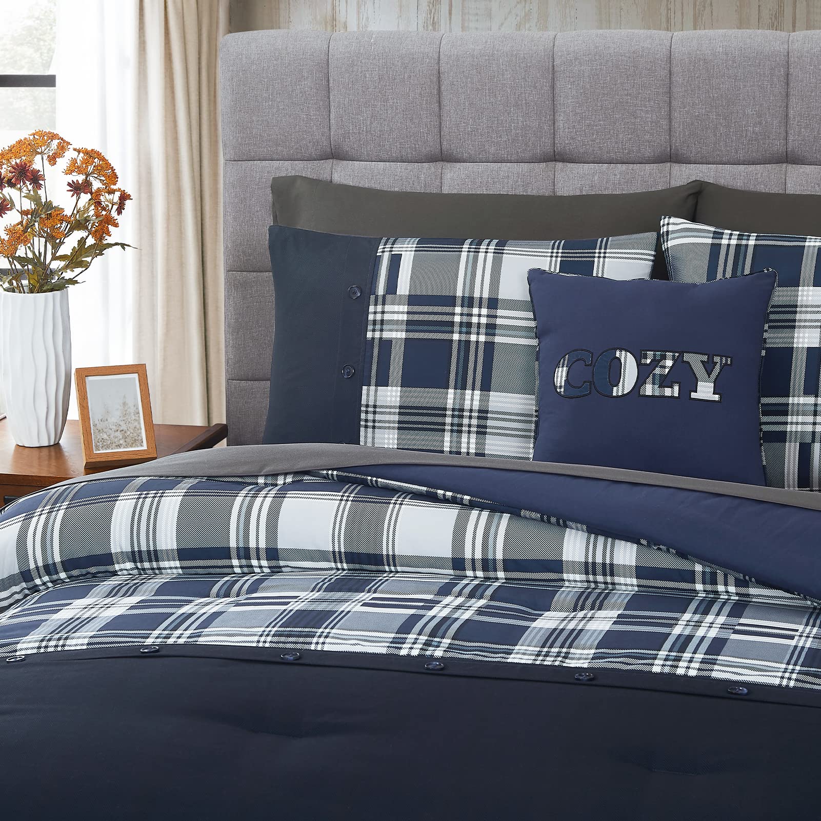 WRENSONGE Plaid Queen Comforter Set, 8 Pieces Blue Printed and Spliced ...