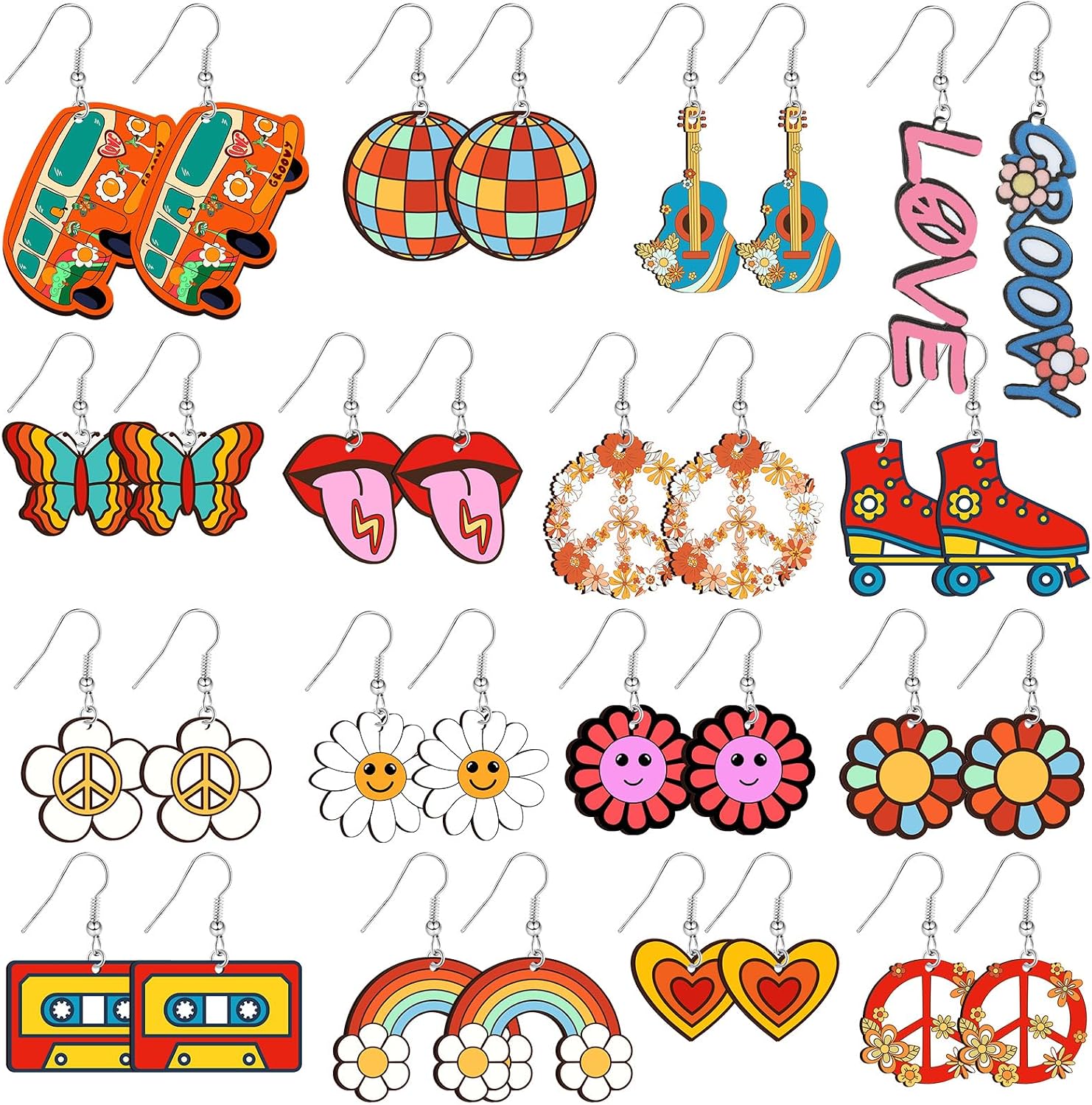 Amazon.com: Junkin 16 Pairs Hippie Earrings for Women 70s 80s Groovy ...