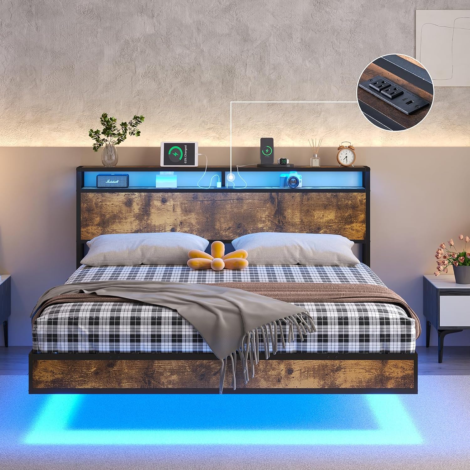 Amazon.com: LUXOAK King Floating Bed Frame with LED Lights and Charging ...