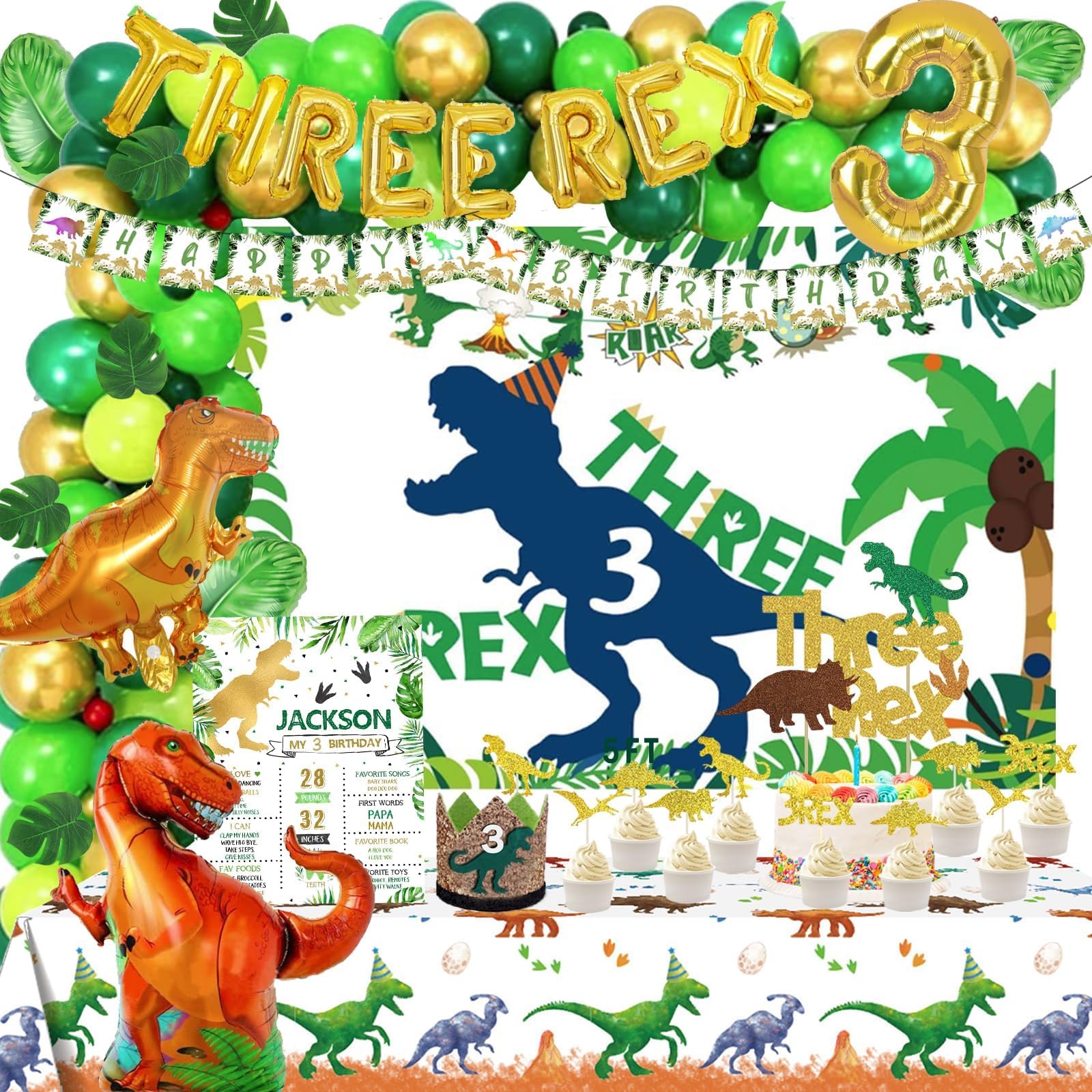 Amazon.com: BIGKEOKI Three Inspired Rex Birthday Plates 40pcs Dinosaur ...