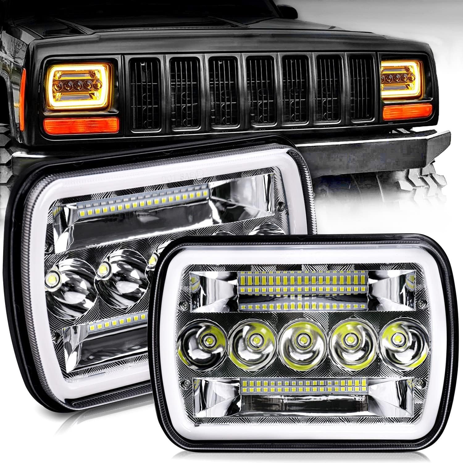 Amazon.com: CO LIGHT 7x6 5x7 LED Headlights Amber angle eyes Cool Halo ...