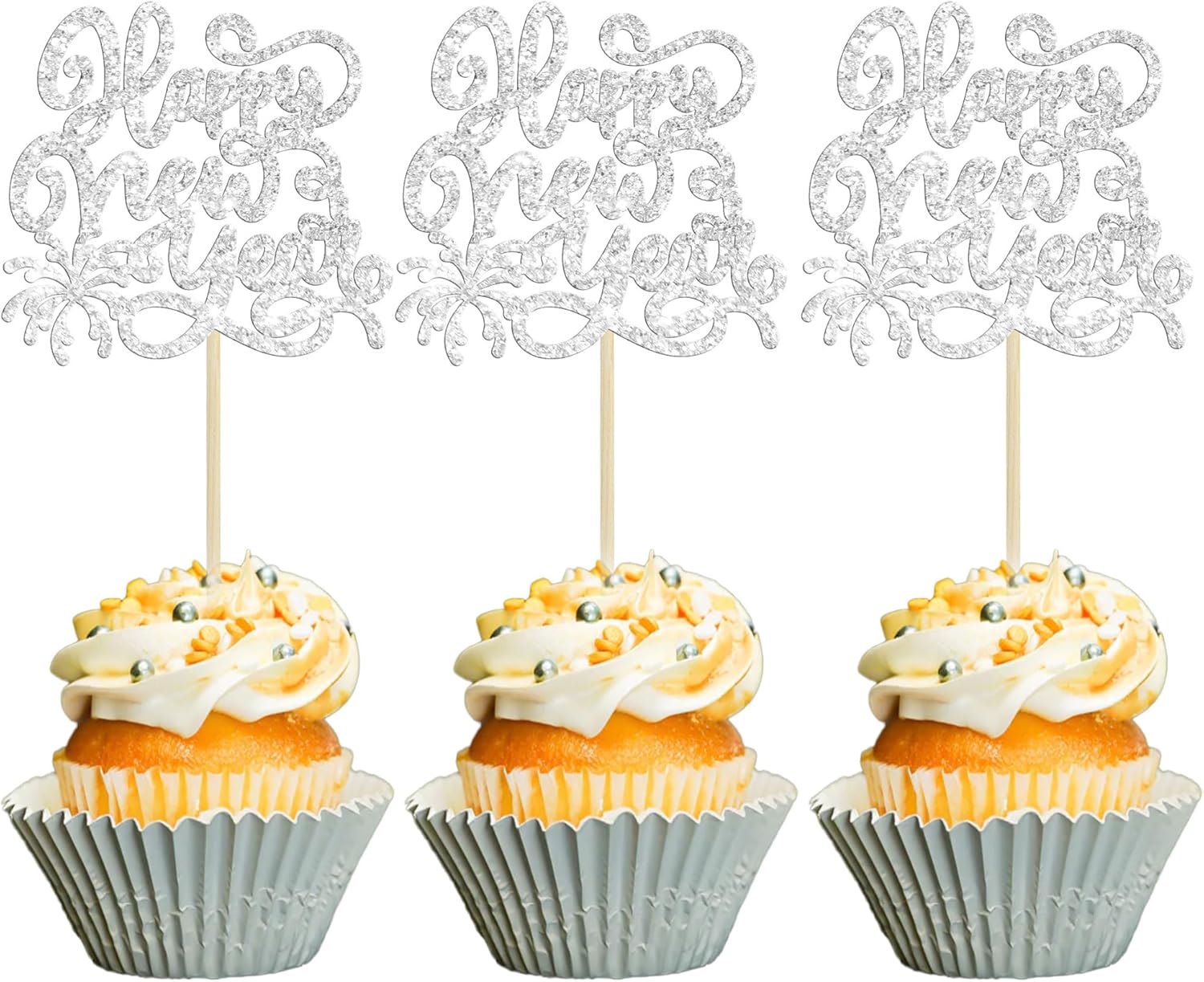 Amazon.com: Gyufise 24Pcs 2024 Happy New Years Cupcake Toppers Silver ...