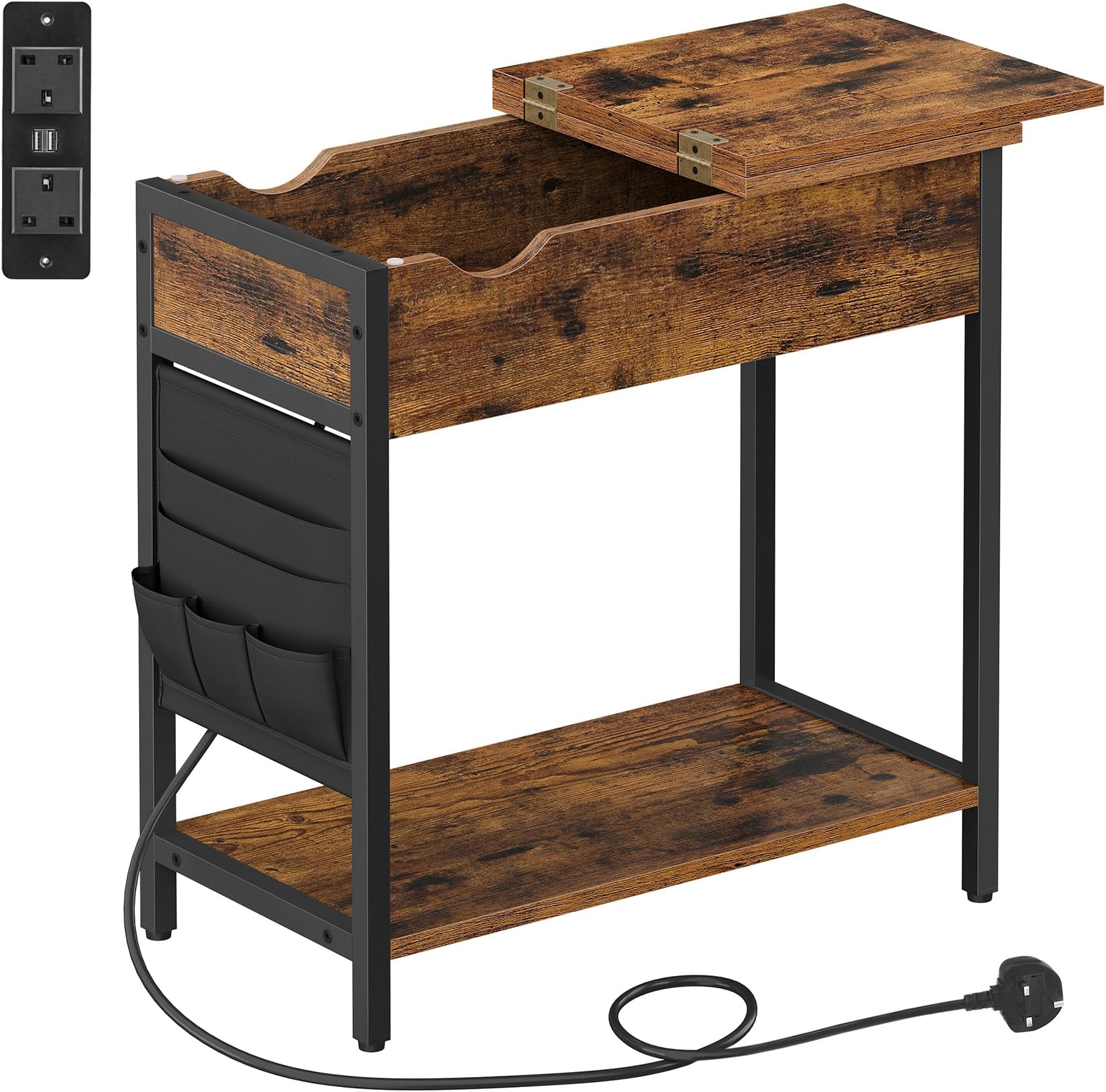 VASAGLE Slim Side Table with Charging Station, Narrow Bedside Table ...