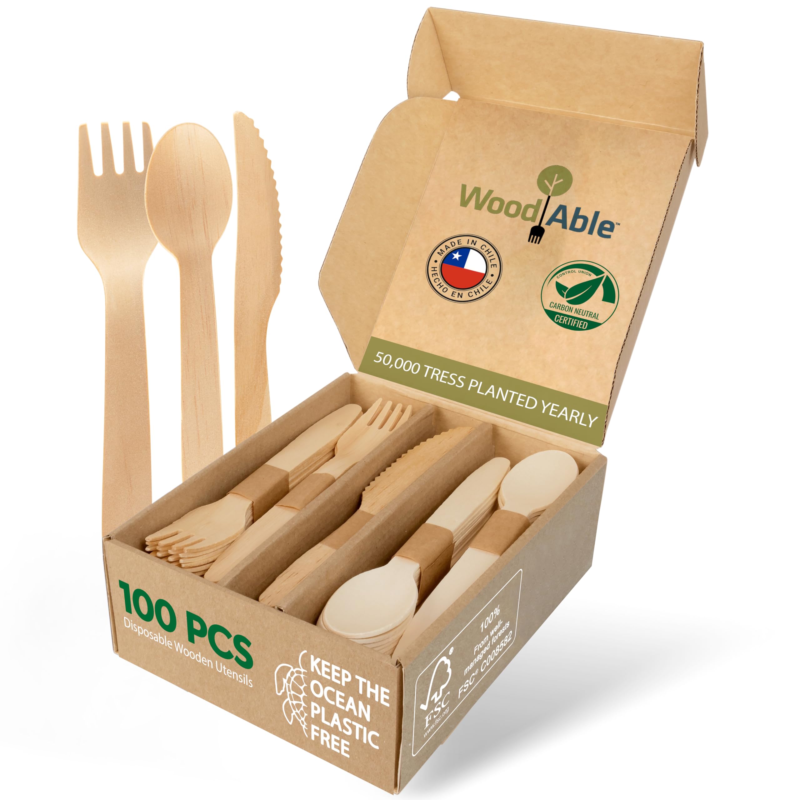 Amazon.com: Disposable Wooden Cutlery Set - 100% Home Compostable - 100 ...