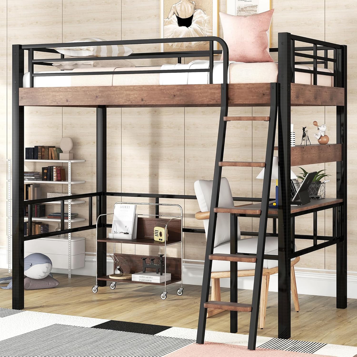 Amazon.com: Twin Loft Bed with Desk and Storage Shelf, Metal Loft Bed Twin Size with Wider ...