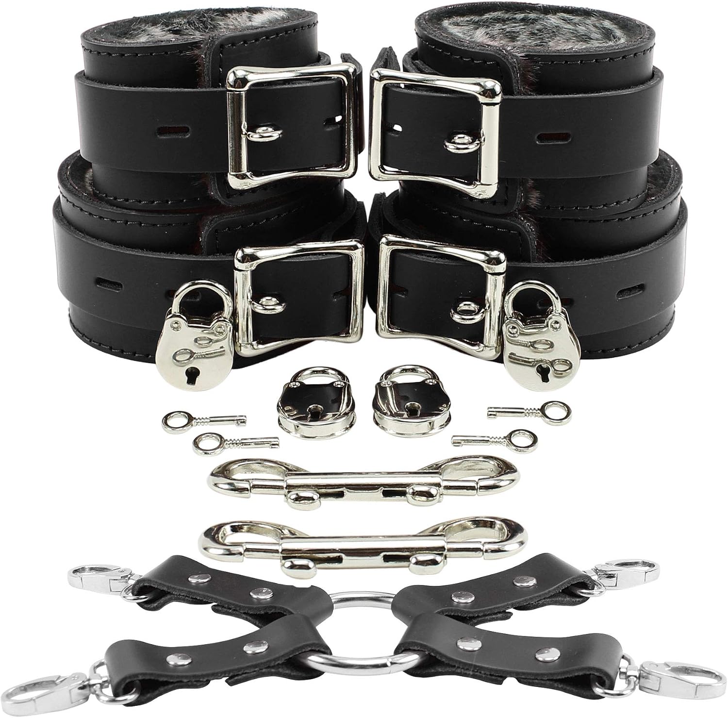 Atlanta Leather Wrist & Ankle Cuffs (4-Way Connector) - Faux Fur Lined