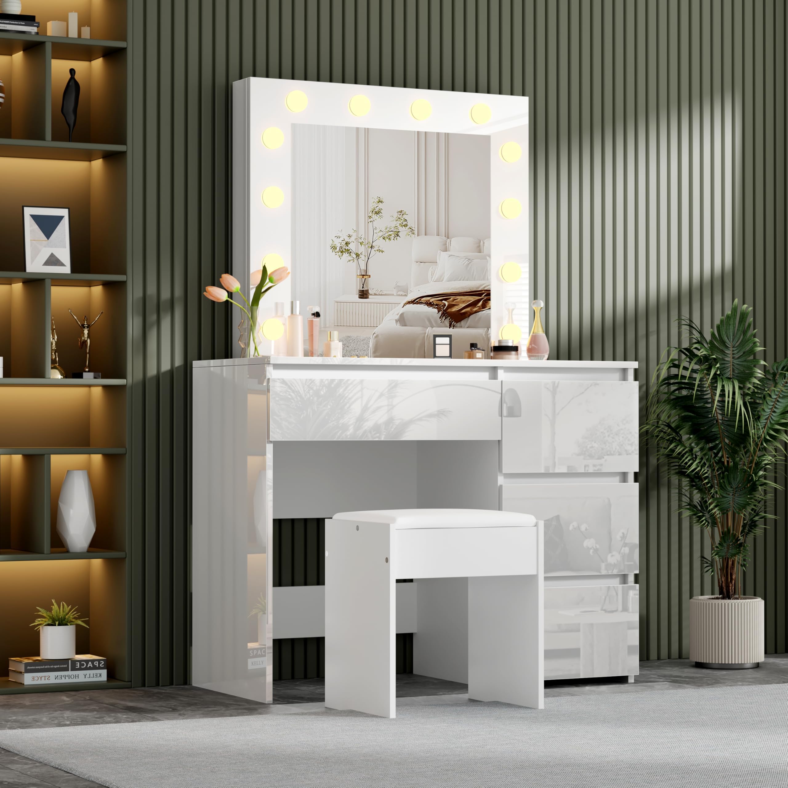 LSLIFE High Gloss Dressing Table with Mirror and Stool, Vanity Makeup ...