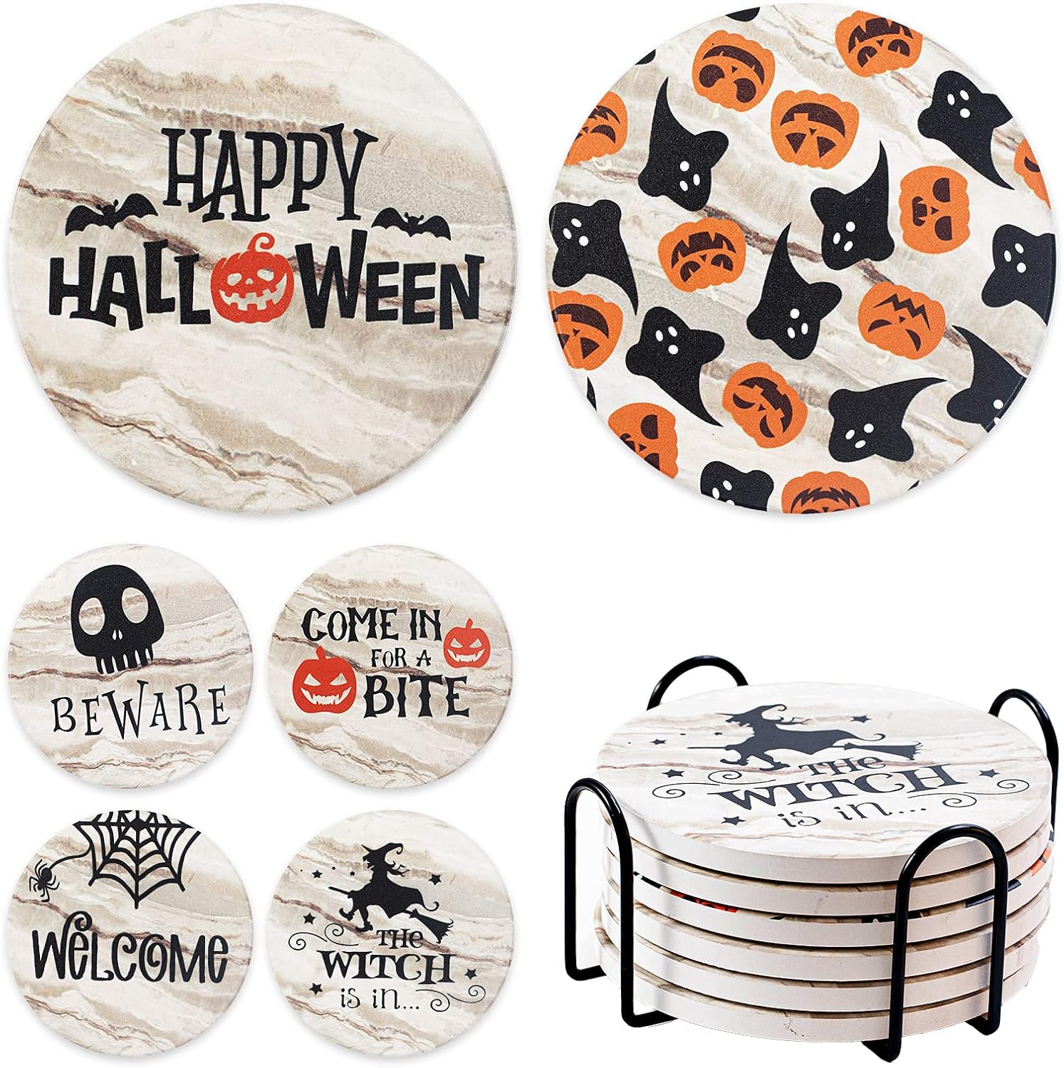 Amazon.com: Halloween Coasters for Drinks Absorbent with Holder ...