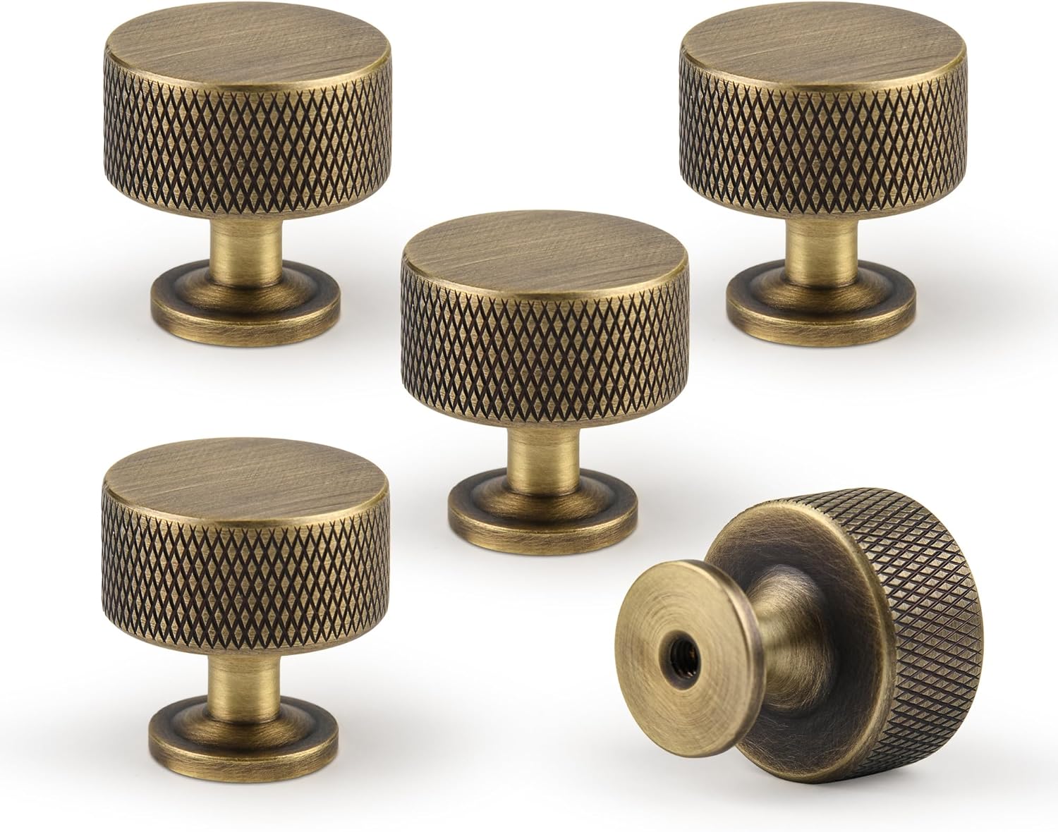 Urnew Antique Brass Kitchen Cabinet Knobs 5 Pack, 1.1Inch Knurled Brass ...