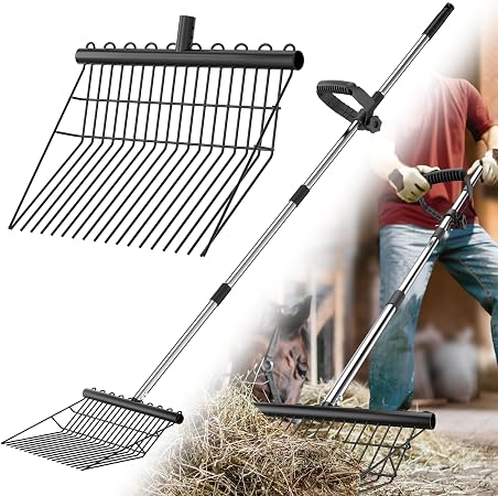 Manure Fork, Metal Horse Manure Rake with Steel Handle and 2 Dura Fork ...