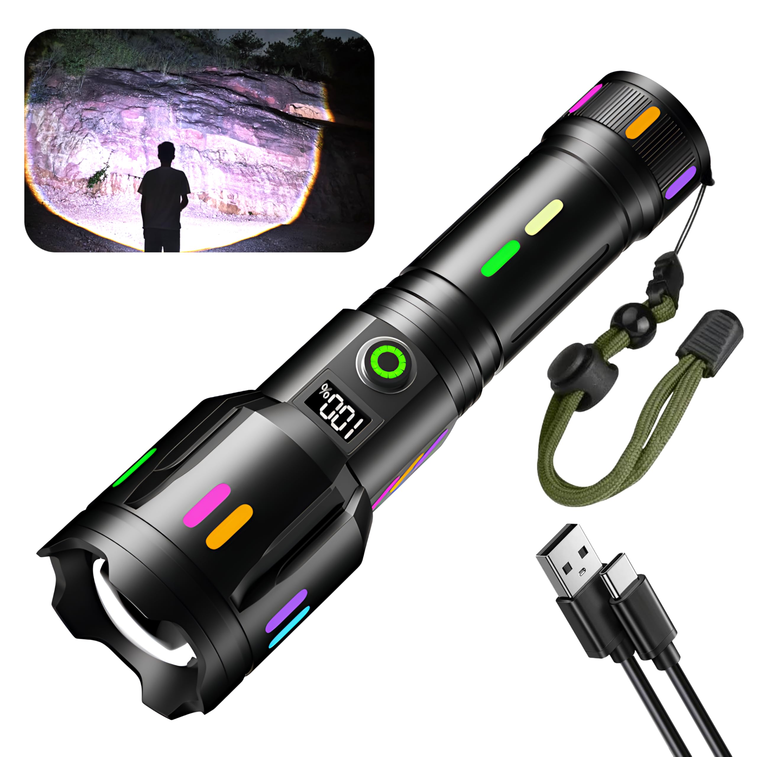 【Led Torch with Fluorescent Strong Lighting】30000 High Lumens Fast ...