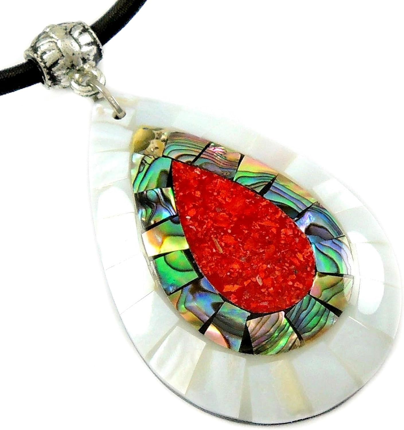 Paua Abalone Shell Necklace with Red Coral and Mother of Pearl Pendant ...