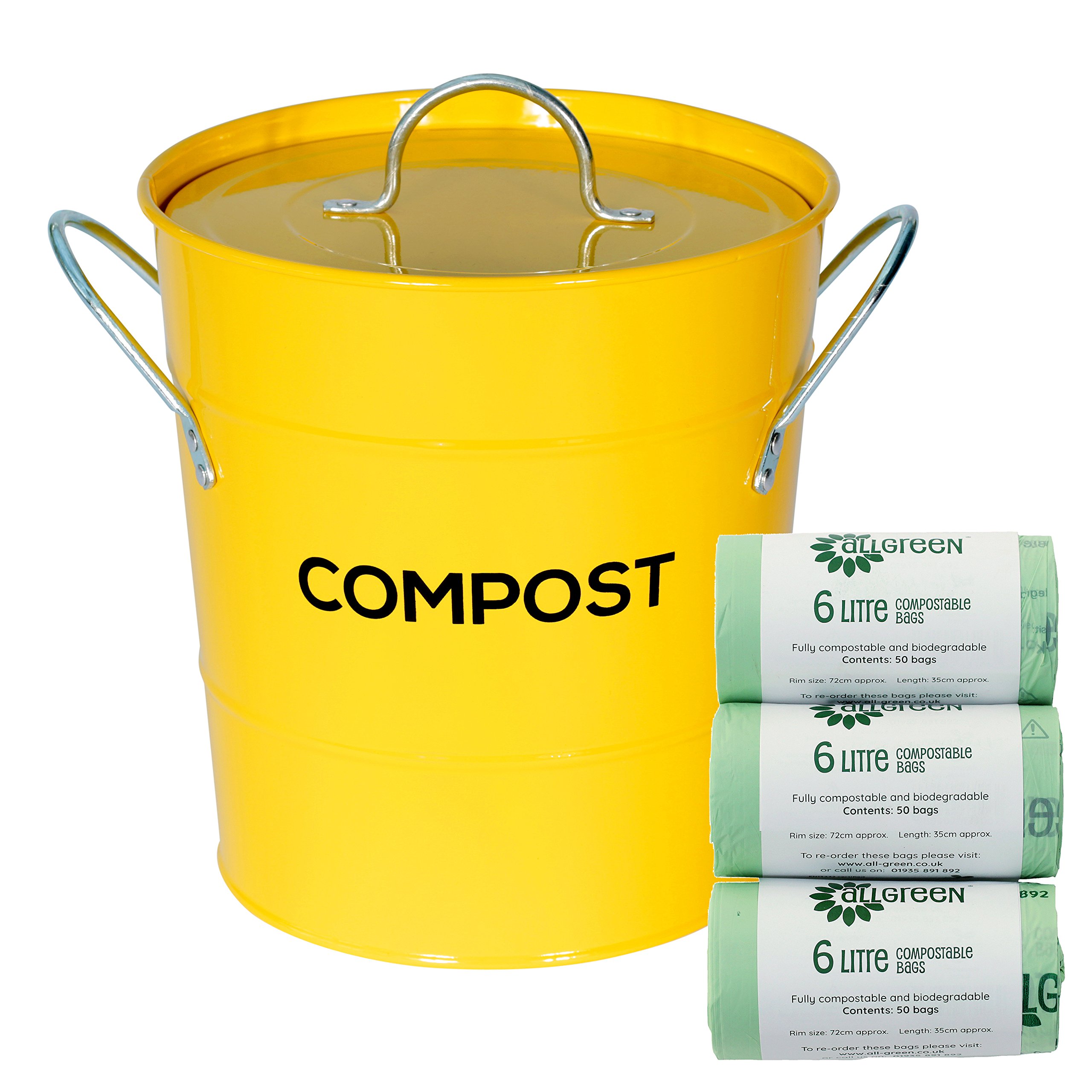 Yellow Metal Kitchen Compost Caddy & 150x All-Green Compostable Bags ...