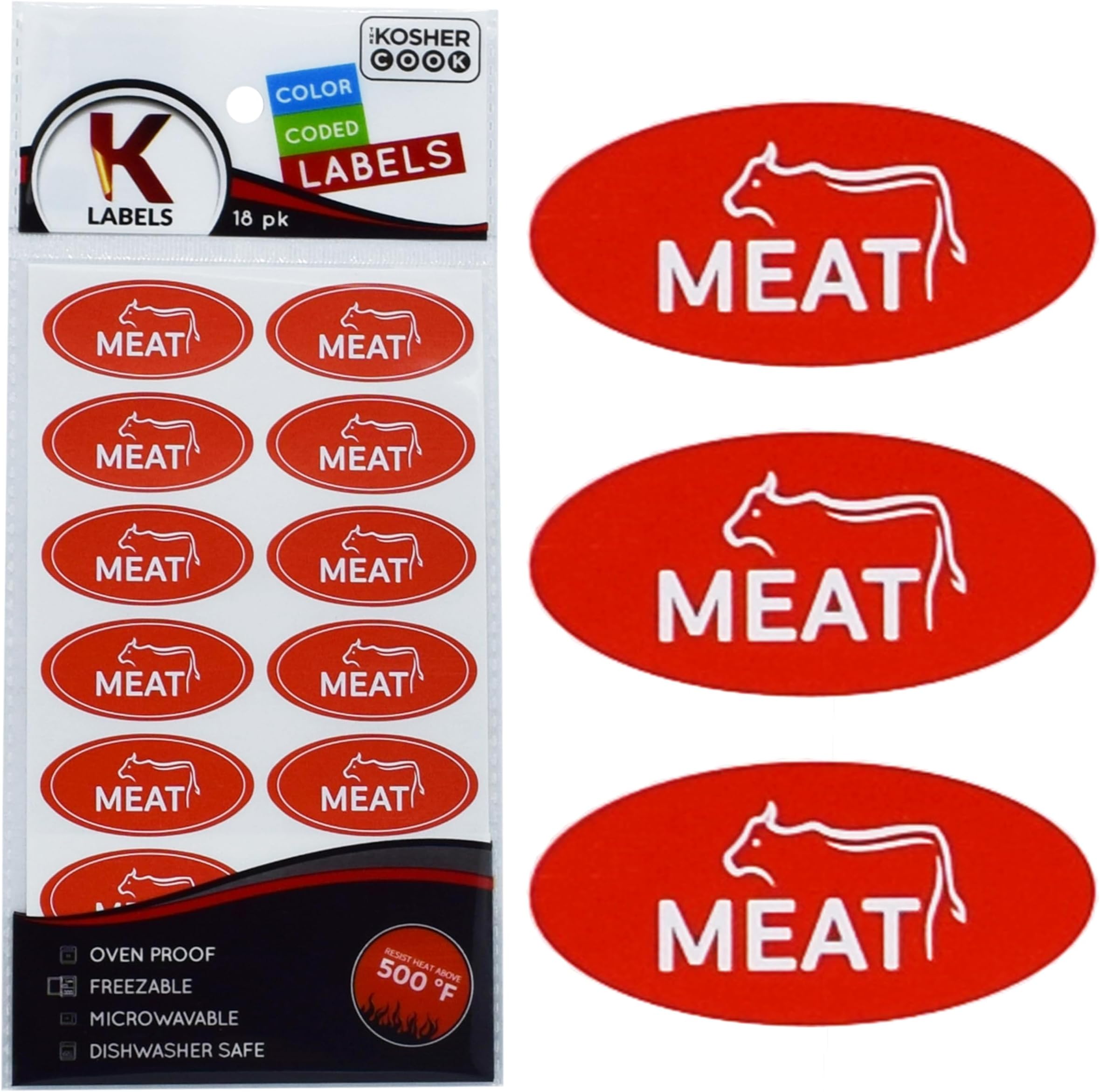 Amazon.com: 36 Meat Red Kosher Labels - Oven Proof up to 500 ...