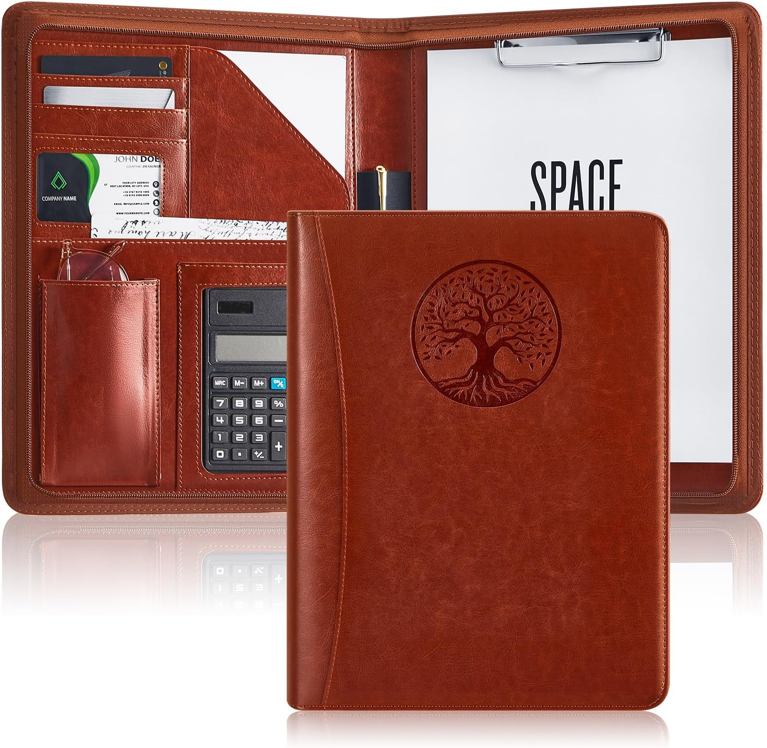 Amazon.com : Humyoun Leather Zippered Padfolio Organizer Life Tree PU ...