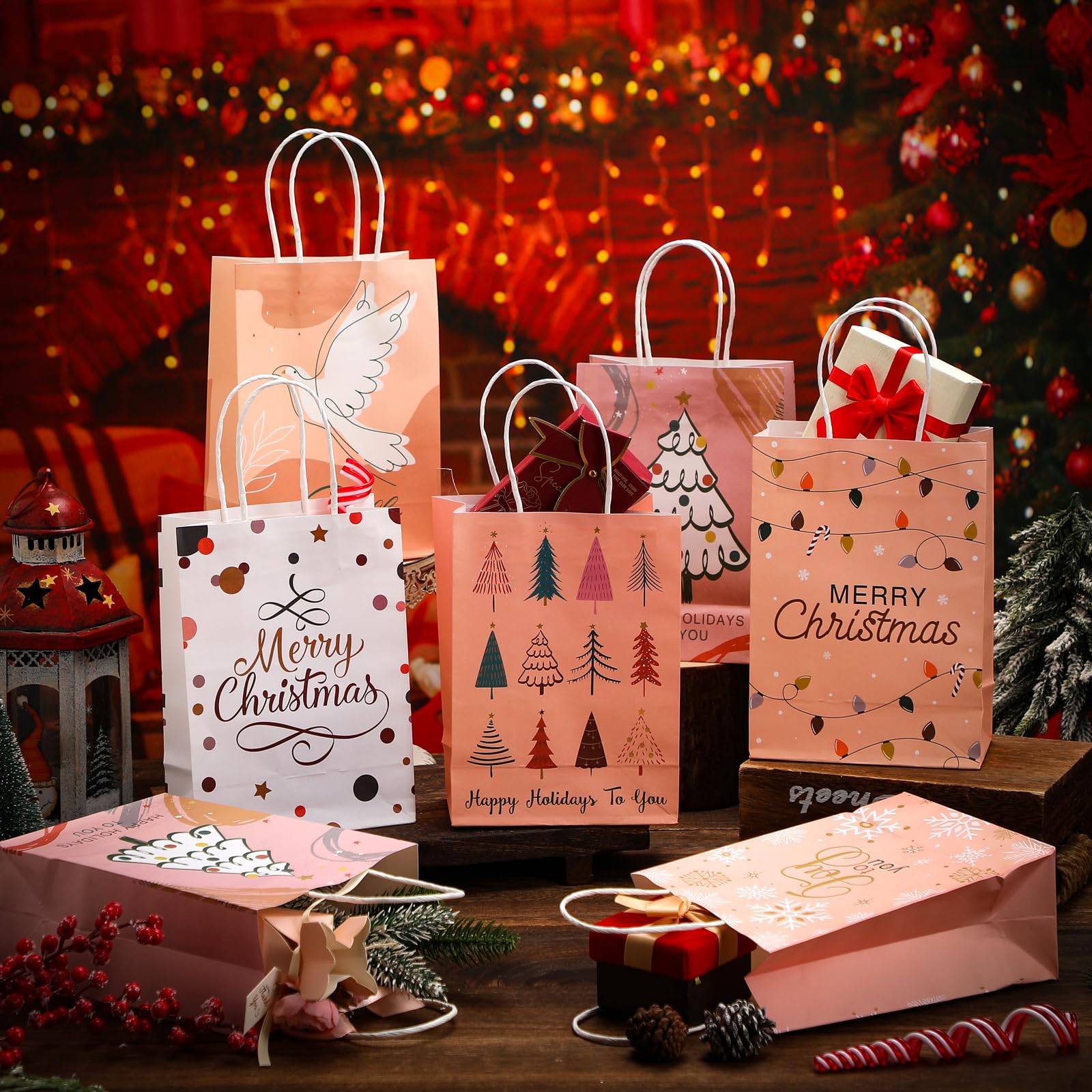 Amazon.com: Skyygemm 30 Pcs Boho Christmas Pink Gift Bags with Handle ...