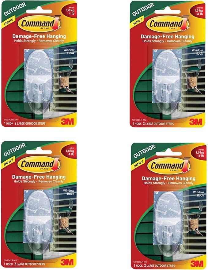 Command Large Clear Outdoor Window Hook, 3 Piece (1 Hook, 2 Strips), 4 ...