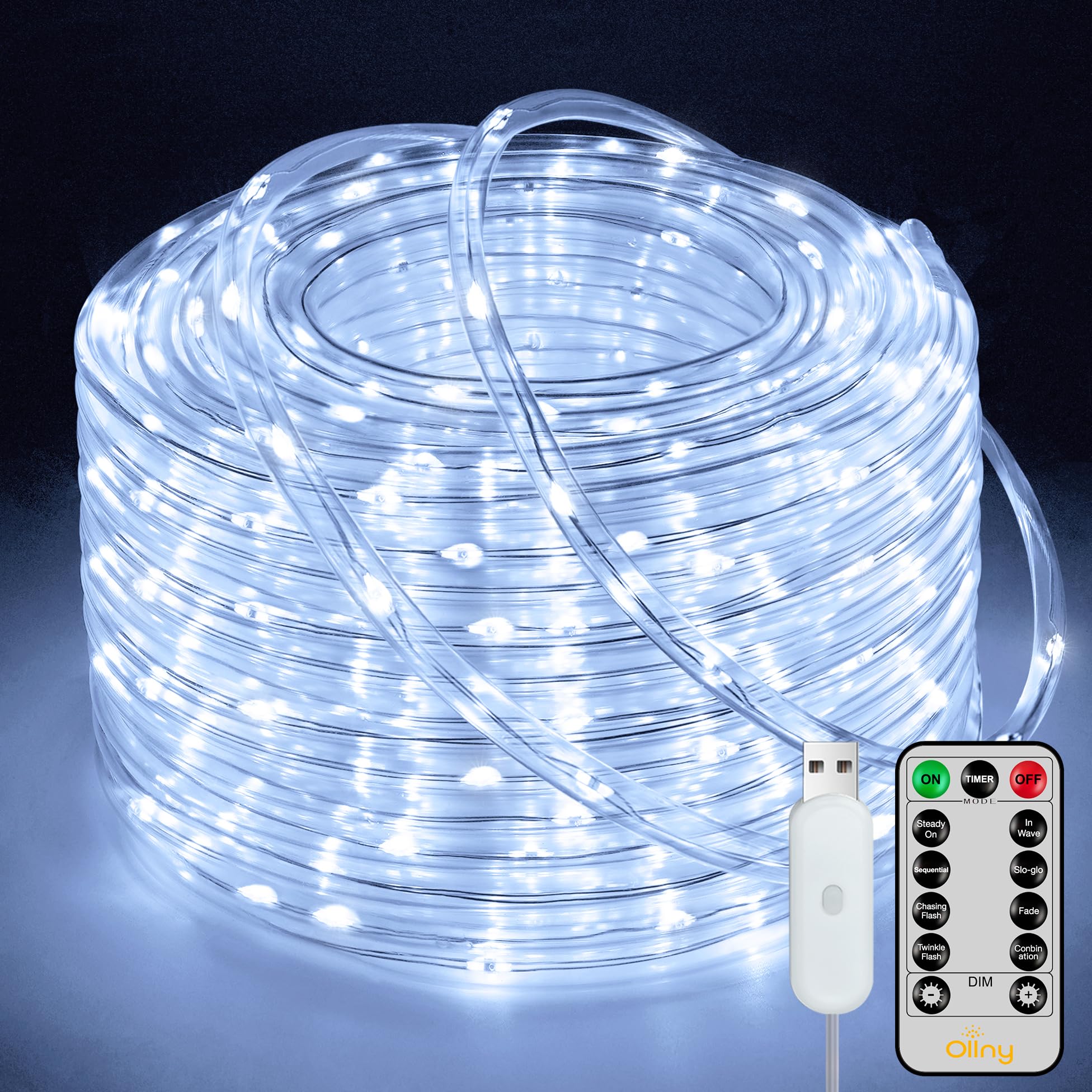 Amazon.com: Ollny Rope Lights 33FT 100 LED, USB Cool White String ...