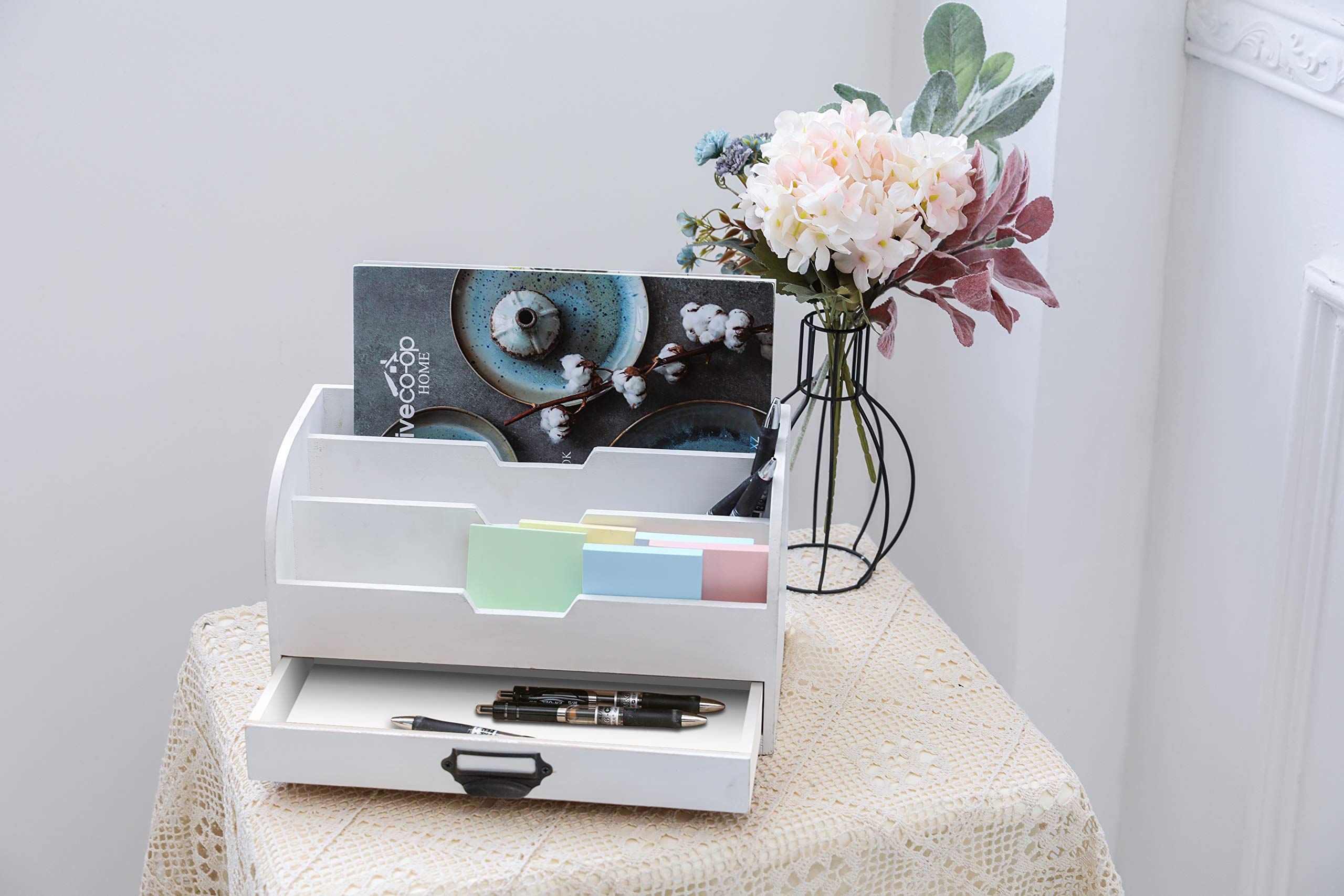 EMAISON White Wooden Desk Organizer with Sliding Drawer, 3 Tire Office ...