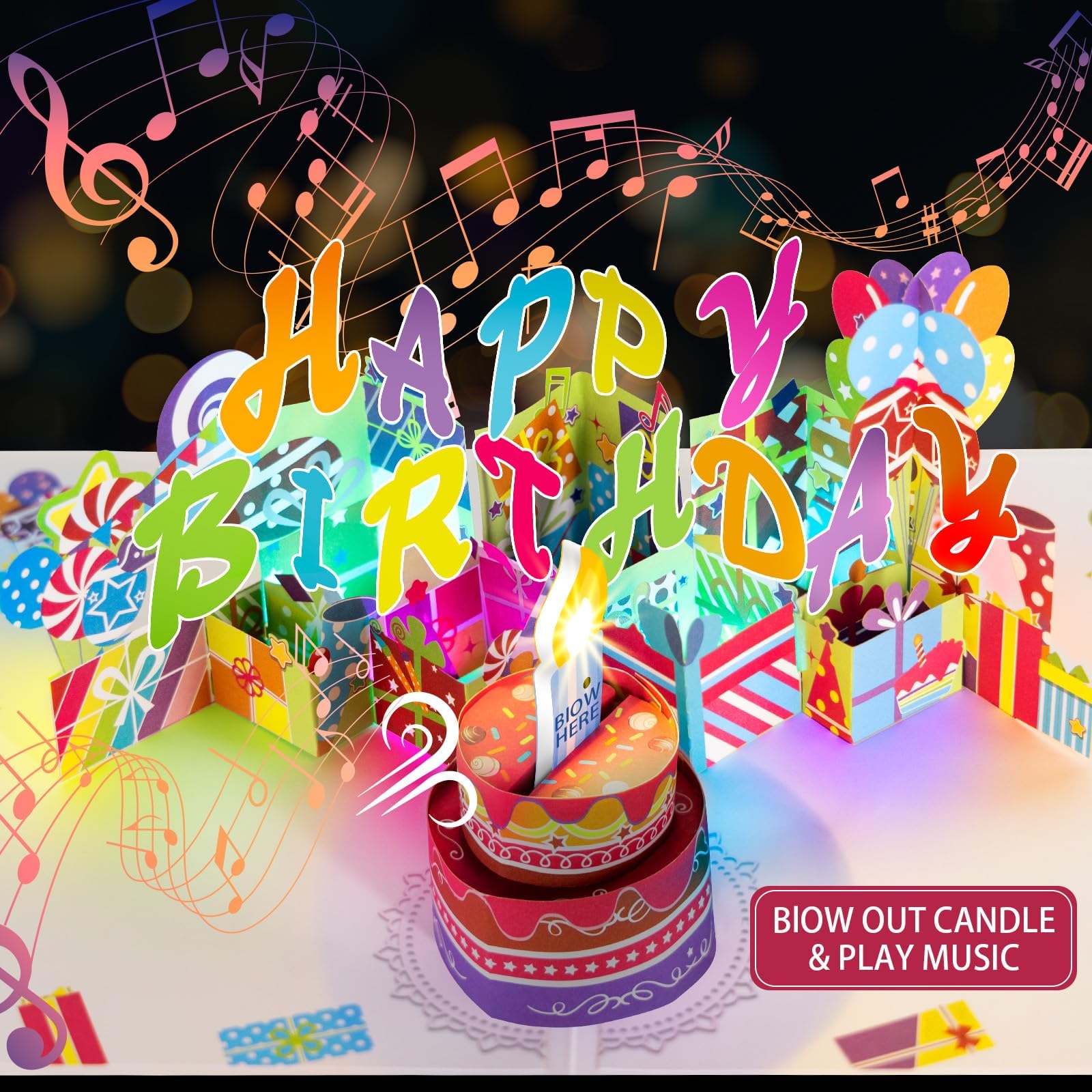 3D PopUp Birthday Cards, Luxury Blowable LED Light Candle Cake Music ...