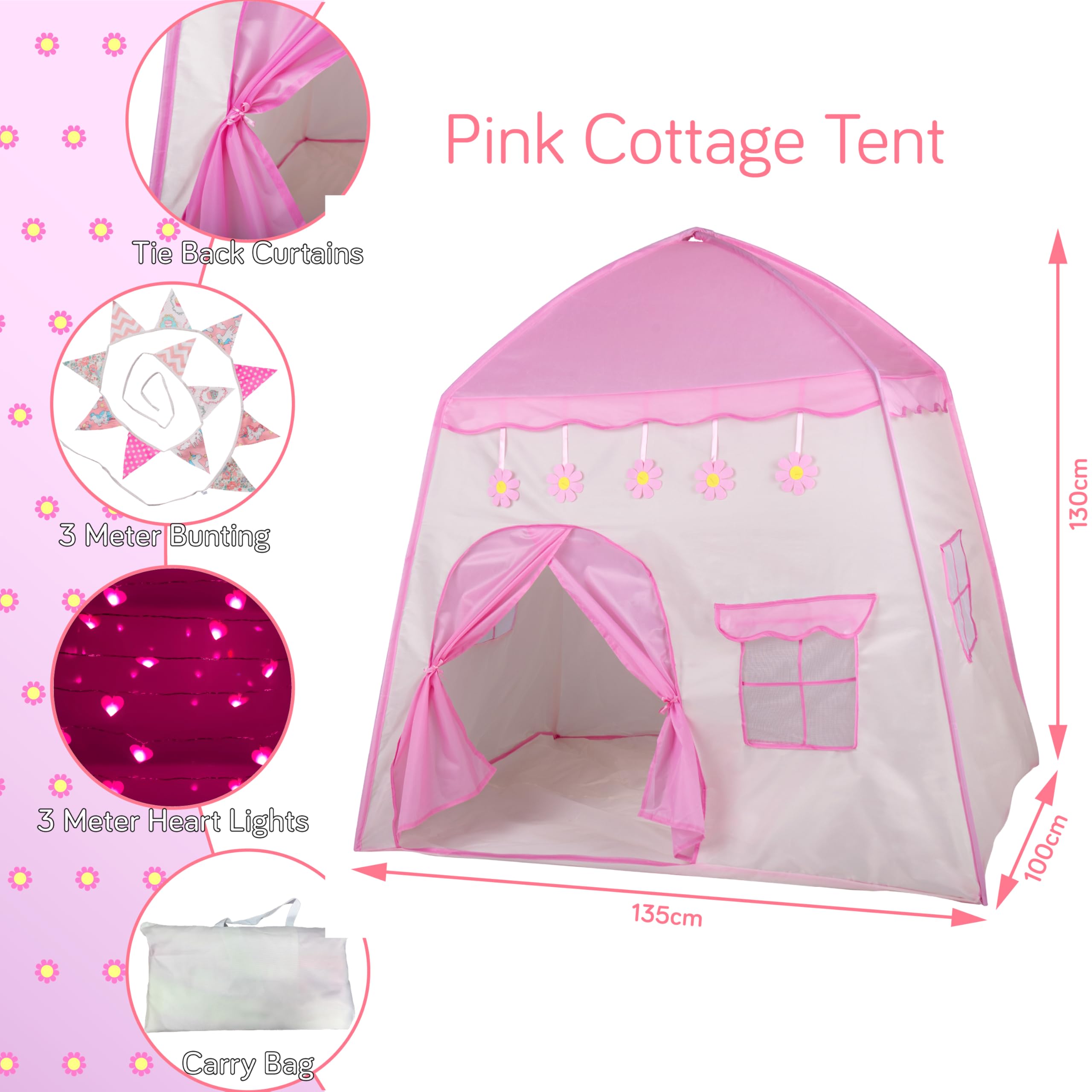 Relsy Pink Cottage Tent For Kids, Includes 3 Metre Pink LED Heart ...