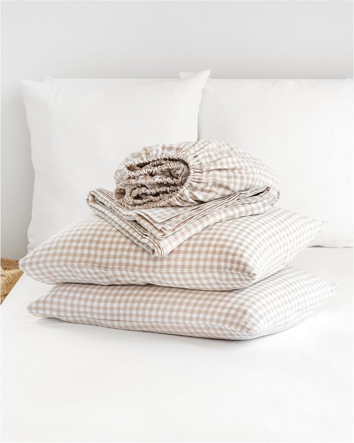 Amazon.com: Magic Linen - Natural Gingham Queen Size Linen Bed Sheets ...