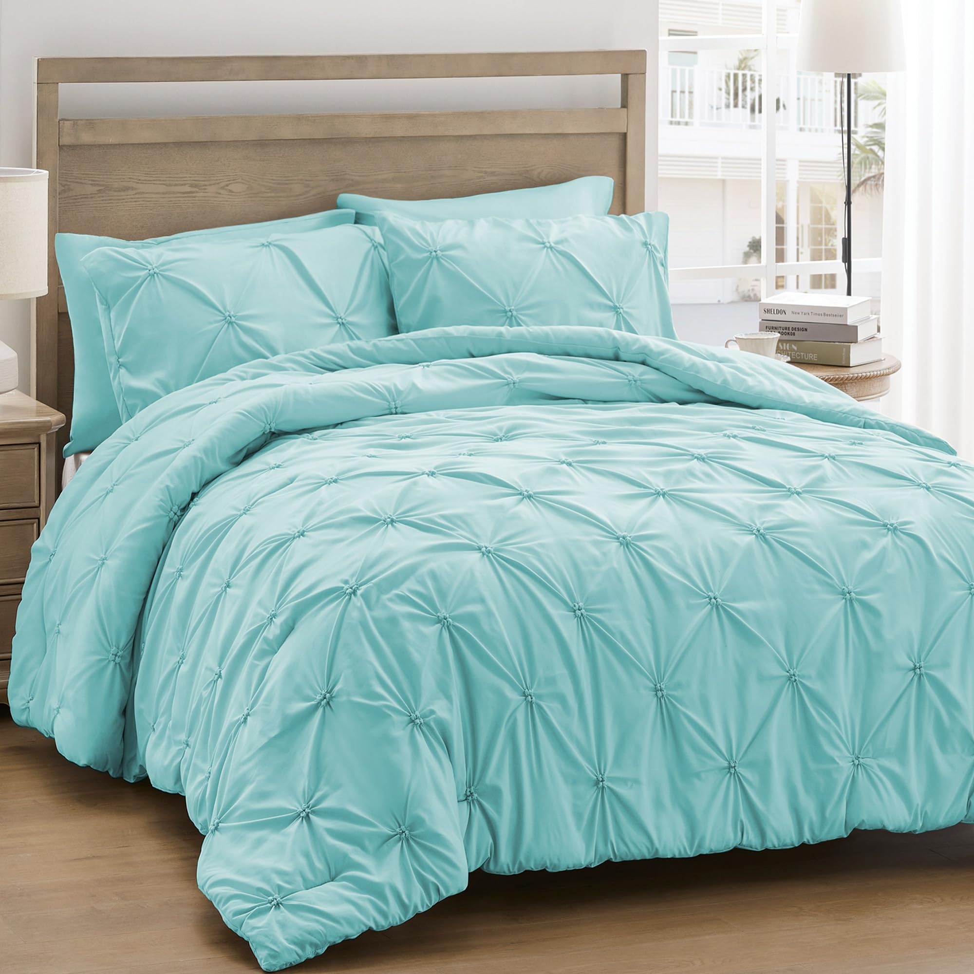Amazon.com: UNIKOME King Size Comforter Set Aqua Blue - Soft Pintuck ...