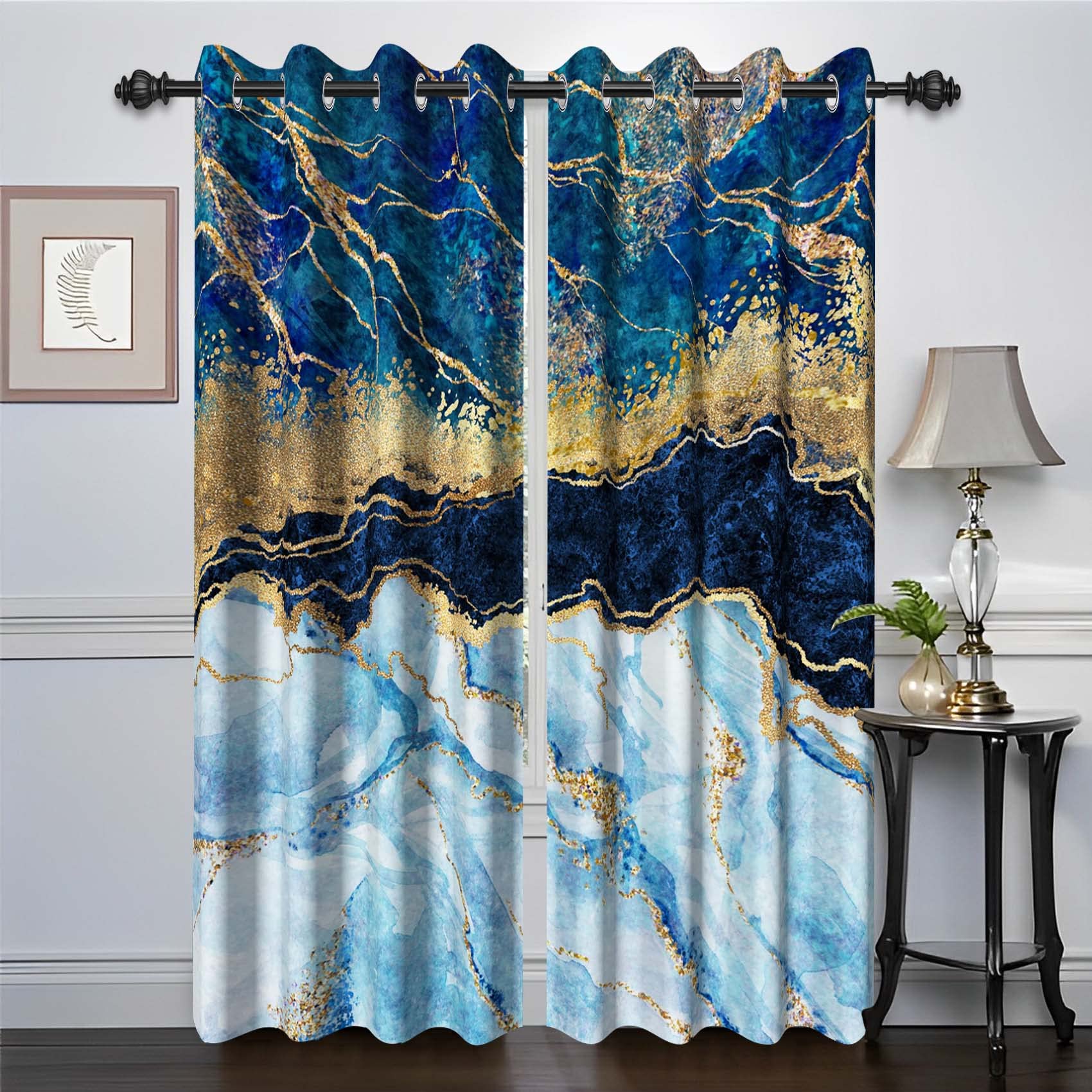 Baocicco Blue Marble Blackout Window Curtains Dark Blue Gold Texture ...