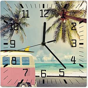 Amazon.co.jp: ANNAMALL 木製壁掛け時計、ビーチピンク ミニバス ココナッツツリー 夏の海の風景 電池式 静音 カチカチ音 ...