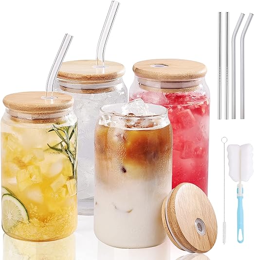 DONGSHANGIFT Glass Cups with Lids and Straws 4pcs-16 oz Can Shaped ...