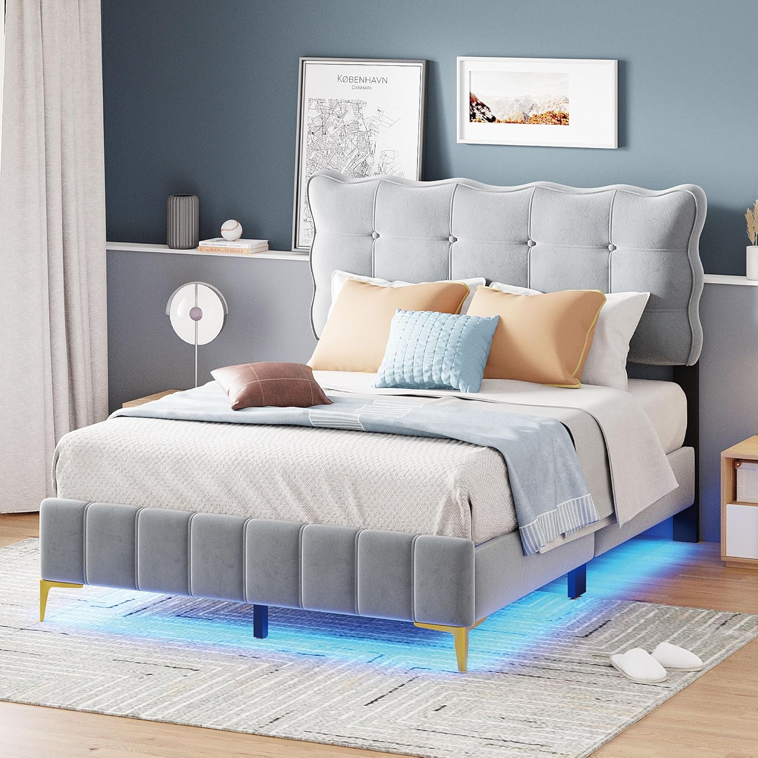 Amazon.com: Merax Full Size LED Bed Frame, Upholstered Platform Bed ...