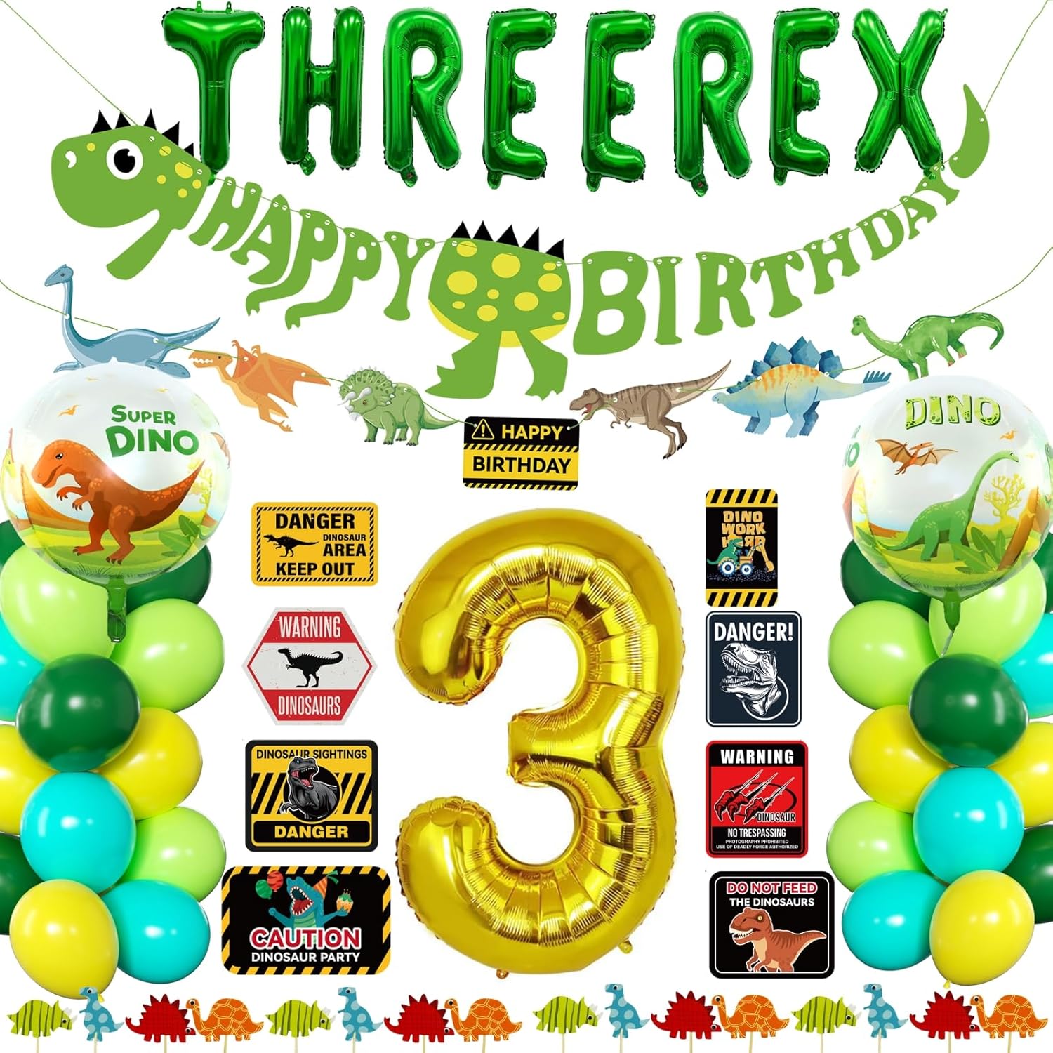 Amazon.com: Three Rex Dinosaur Birthday Decorations 3 Year Old Happy ...