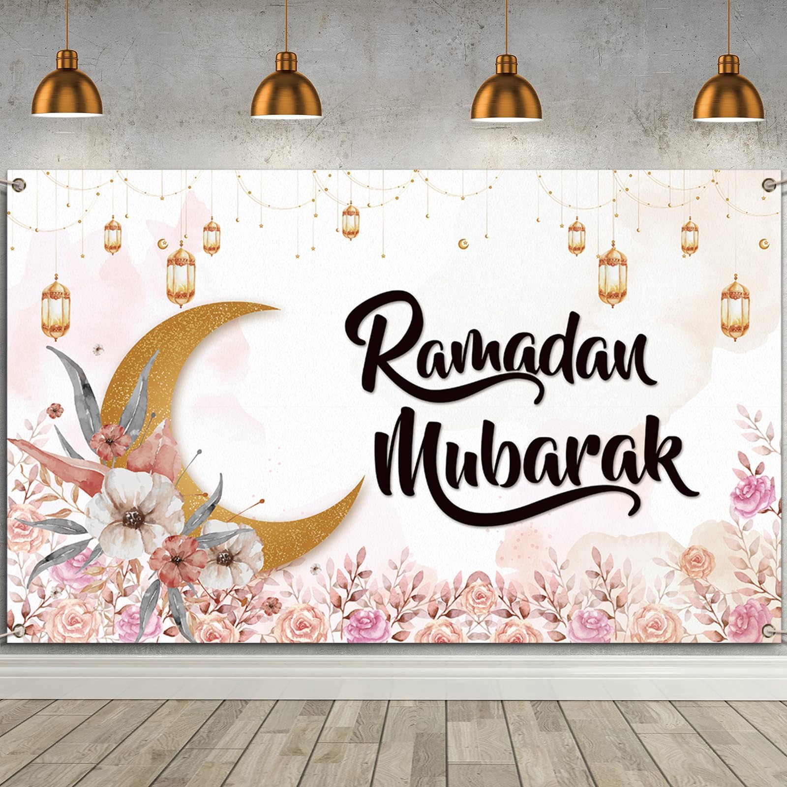 Amazon.com : Watercolor Lantern Moon Flower Ramadan Mubarak Backdrop ...