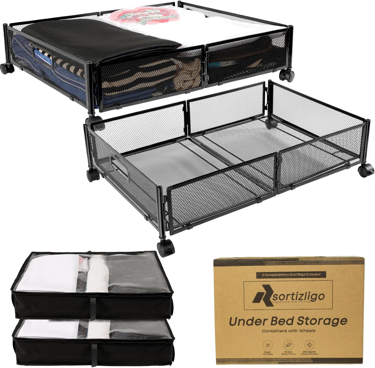 Amazon.com: 2pcs Large UnderBed Storage with Wheels - Sturdy Black ...