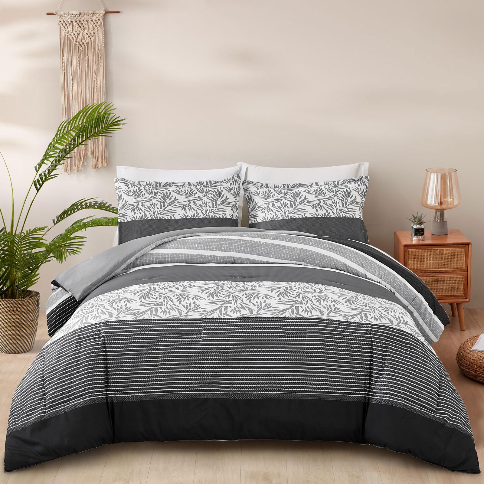 Patchwork Comforter Set Queen Size Grey Black Reversible Comforter 3 ...