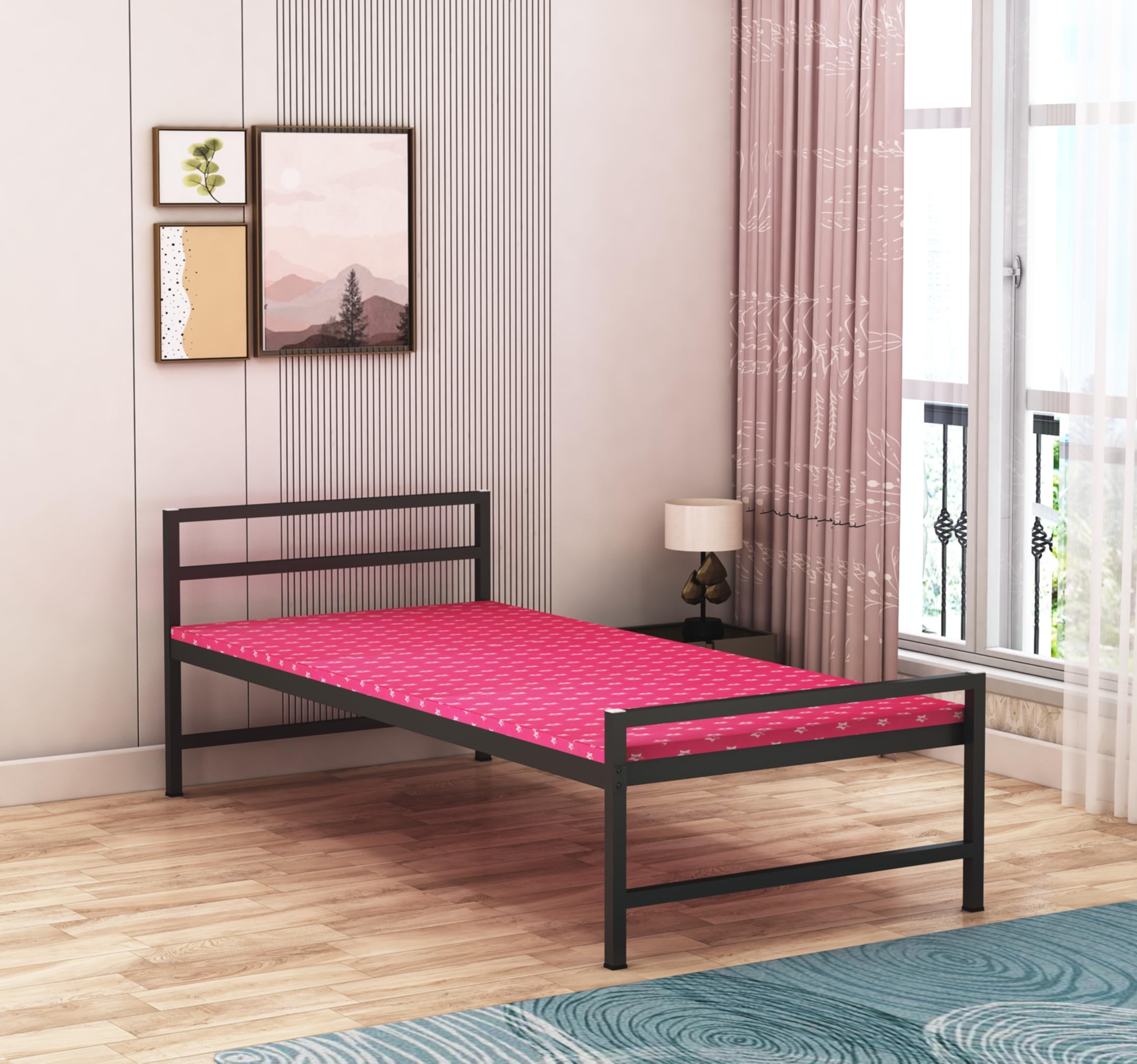 ZIAULA Metal Single Bed with Attached Foam Mattress, Iron Semi Folding ...